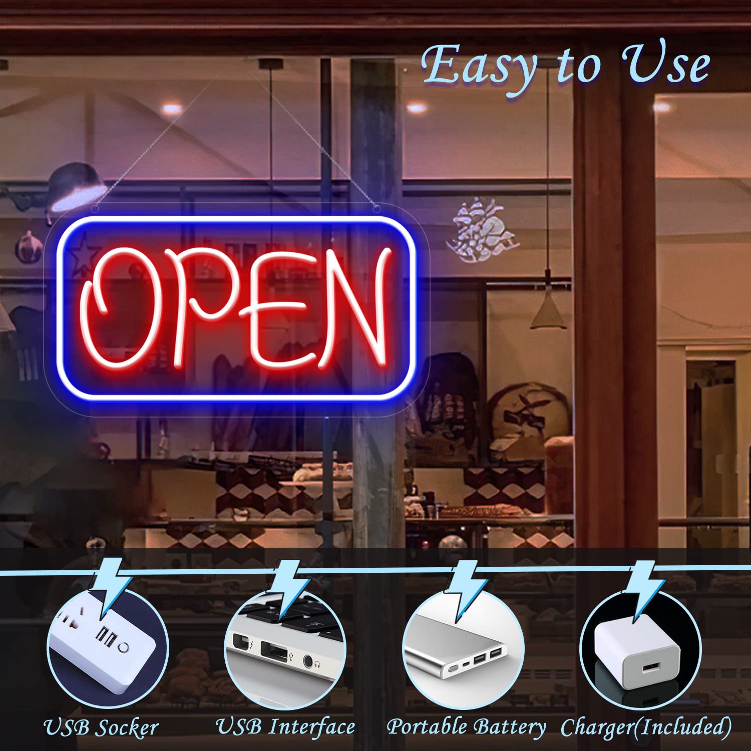 Neon Open Sign, Open Signs for Business, 16.5"x 8.4" Open Sign Led, Open Signs for Business Window With Adjustable Brightness, Open Neon Sign, Powered by USB with ON/OFF Switch