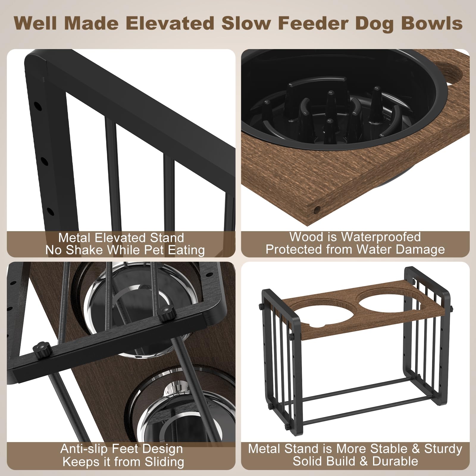 Elevated Non-Slip Metal Raised Dog Bowl Stand - 5 Height Adjustable, Slow Feeder & 2 Thick 54oz Stainless Steel Dog Food Bowls For Medium Large Dogs