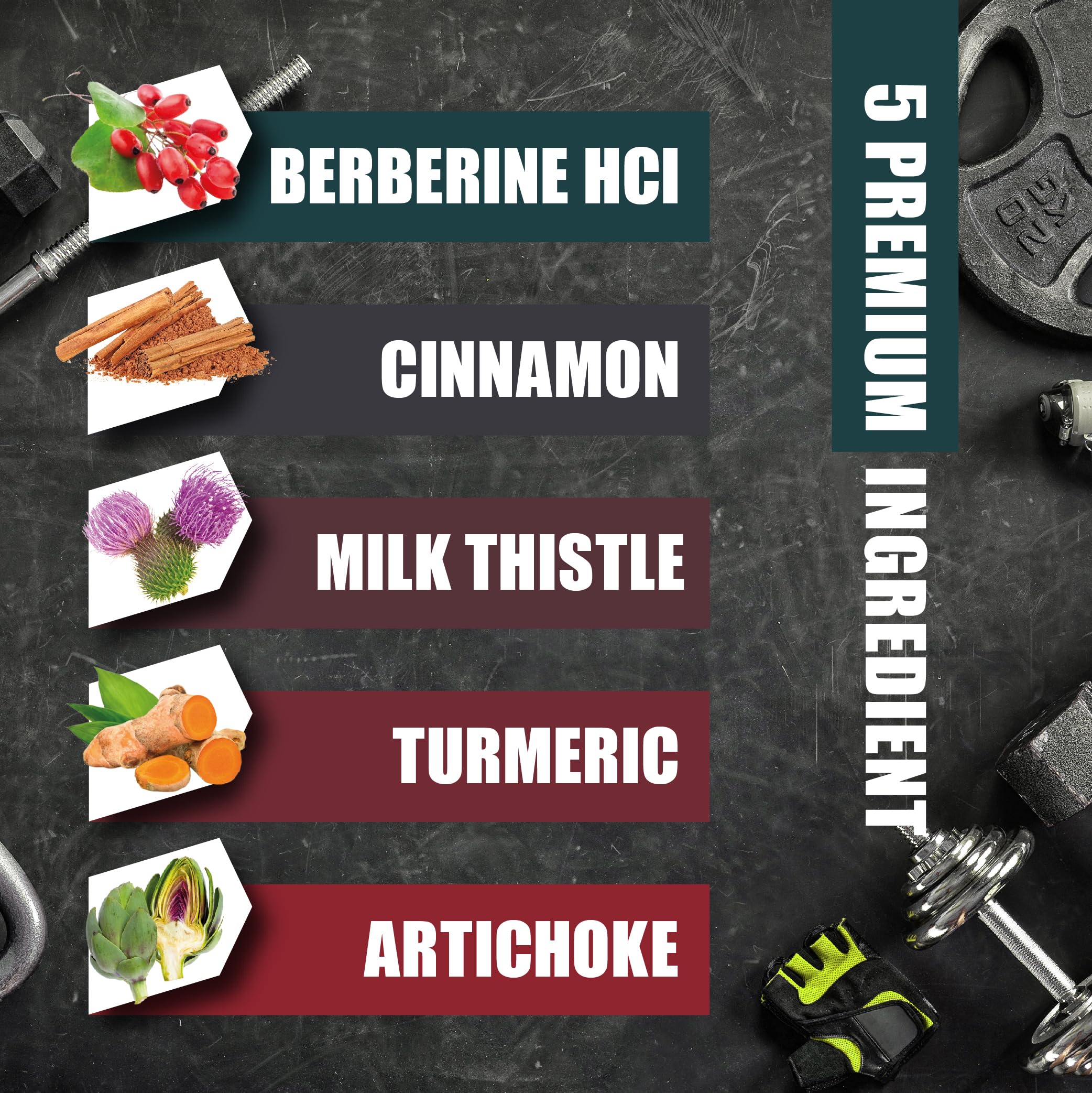 5-in-1 Berberine with Ceylon Cinnamon Milk Thistle Turmeric Artichoke - 3 Month Supply - 90 Capsules