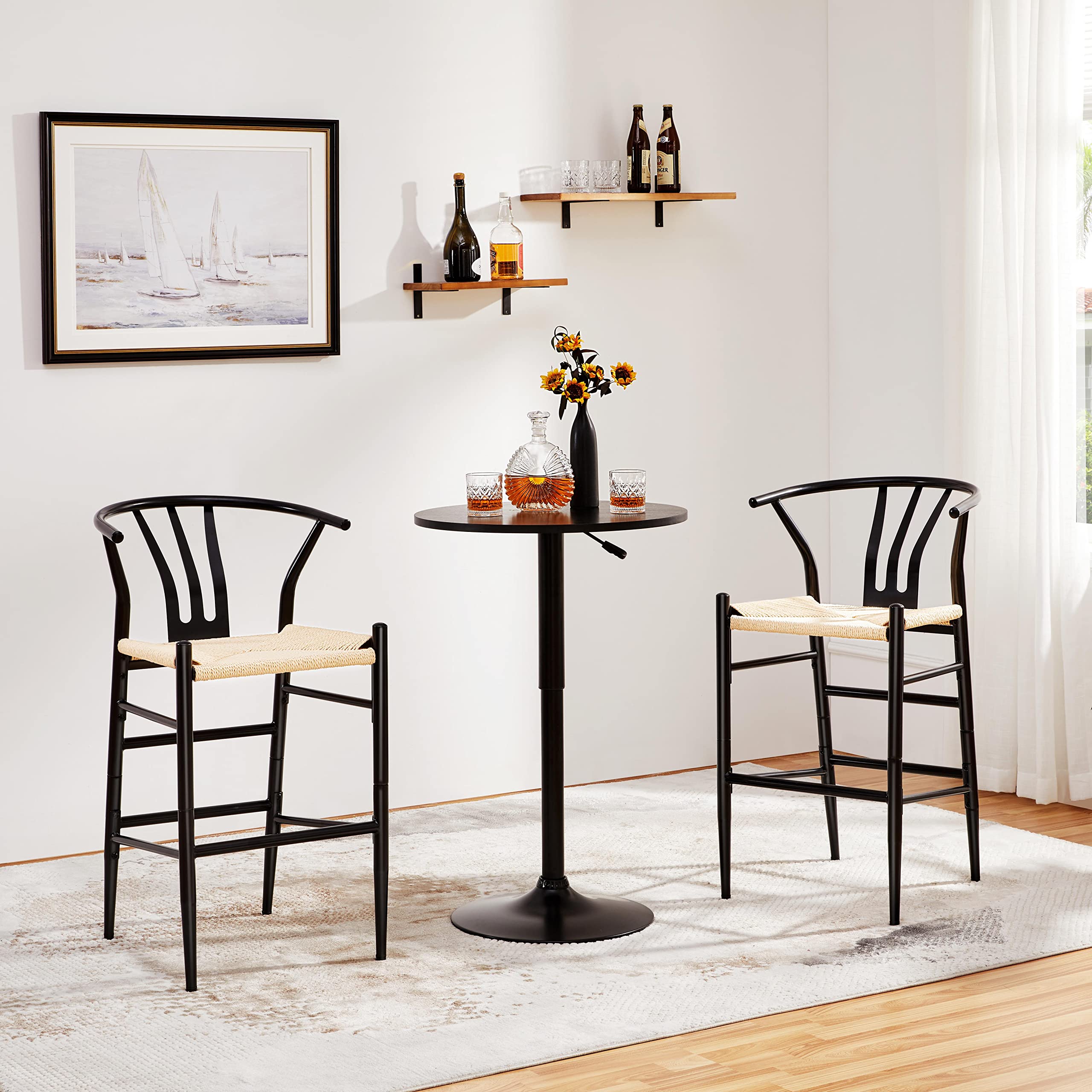 Yaheetech 26'' Weave Counter Stool Set of 2 Bar Stool Mid-Century Modern Metal Barstool Counter-Height Stool Slat Backrest Dining Chair, Black