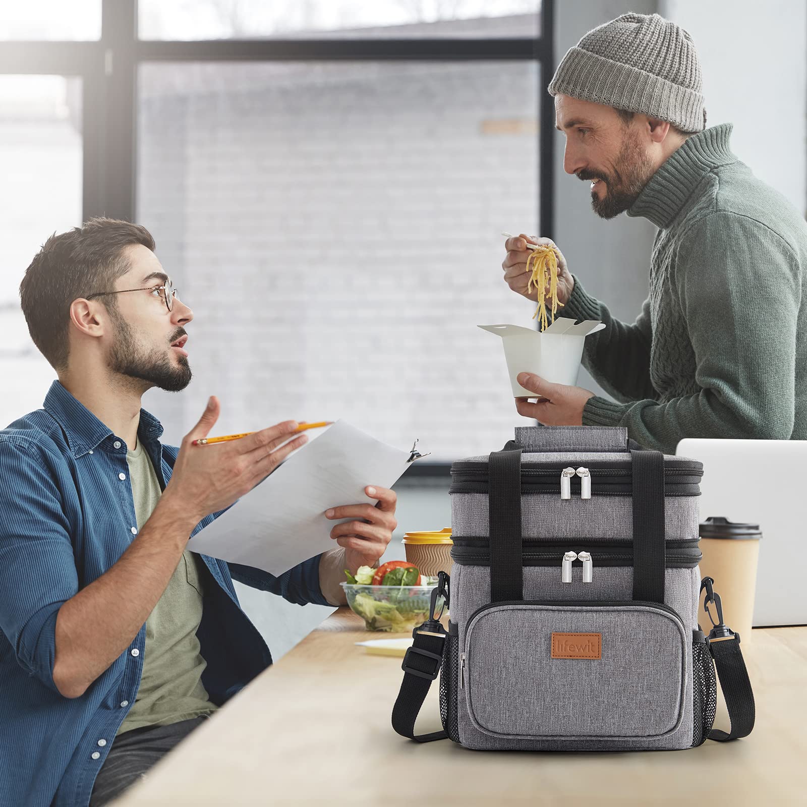 Lifewit Lunch Box for Men Women Double Deck Lunch Bag, Large Insulated Soft Cooler Bag, Leakproof Soft Meal Prep Lunch Tote with Shoulder Strap for Adults for Work/Flight/Travel, 12L/16Can, Grey