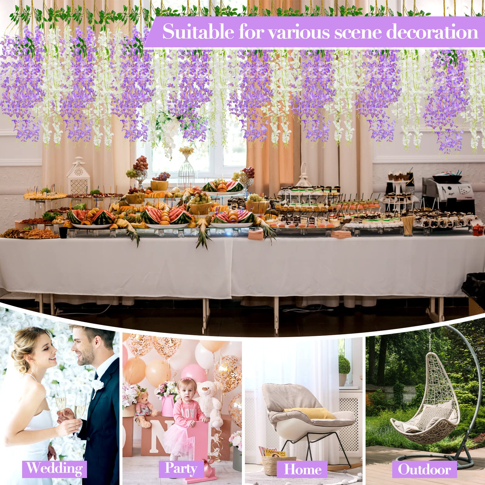 Artificial Wisteria Hanging Flowers 3.6 ft Artificial Fake Wisteria Vine Rattan Hanging Garland Silk Flowers String for Wall Home Wedding Party Greenery Decorations (Purple, White,24 Pcs)