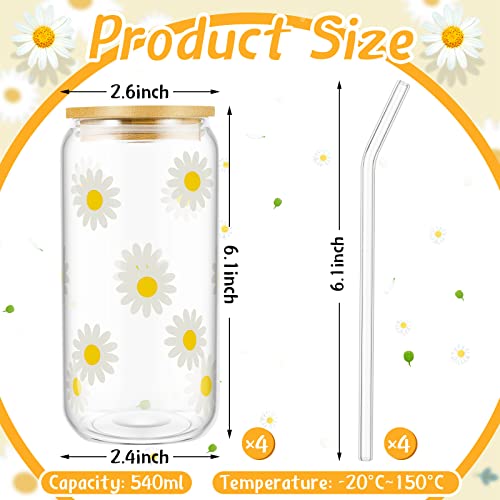 Hoolerry Daisy Flower Glass Cups with Lids and Straws 18 oz Iced Coffee Cup Drinking Glasses with Bamboo Lids Cute Flower Glass Coffee Tumbler Glasses for Home Office Kitchen (4 Pcs)