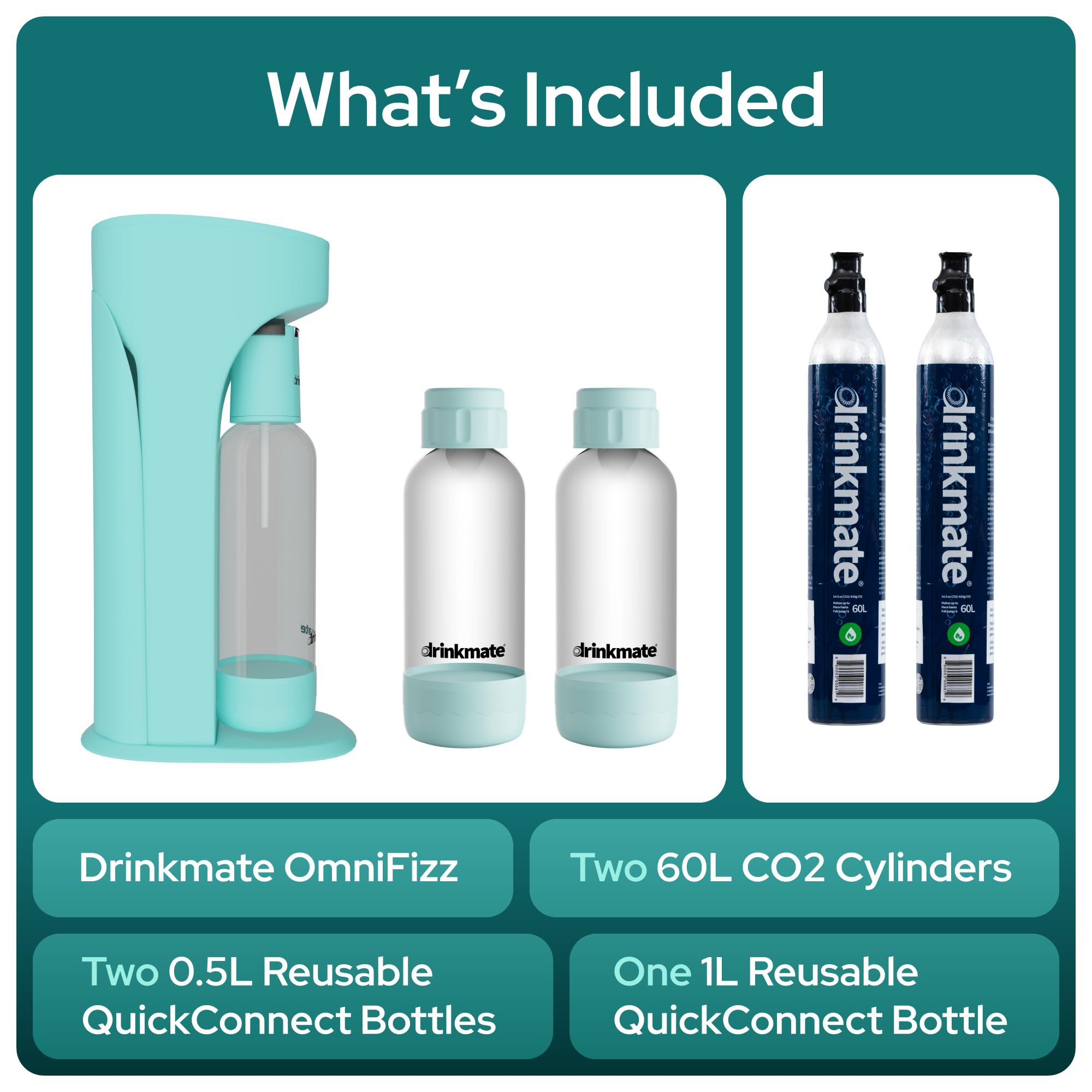 Drinkmate OmniFizz Sparkling Water and Soda Maker, Carbonates Any Drink, PARTY PACK - Includes two 60L CO2 Cylinders, three Carbonation Bottles, and two Fizz Infusers (Arctic Blue)