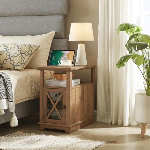 NBBOTBOT End Table with Charging Station, Side Table with USB Ports and Outlets, Nightstand with Adjustable Shelves, Narrow Side Table with Storage Cabinet for Living Room, Bedroom, Brown