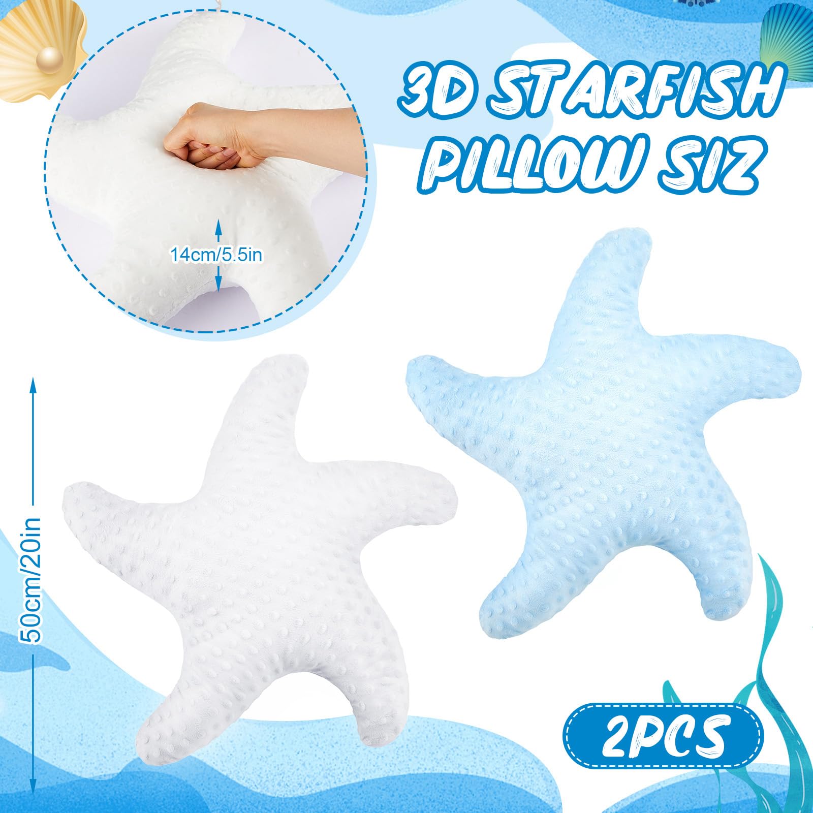 2 Pcs Starfish Pillow Cute Beach Pillow 20'' Star Fish Shaped Throw Pillows Plush Beach Room Decor Decorative Ocean Star Stuffed Toy Animal Plush Cushion for Bedroom Living Room (White,Blue)