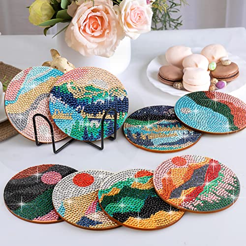 BABORUI 8Pcs Landscape Diamond Art Coasters, Small Diamond Art Kits for Adults Beginners, Diamond Art Kits for Boho House Decor