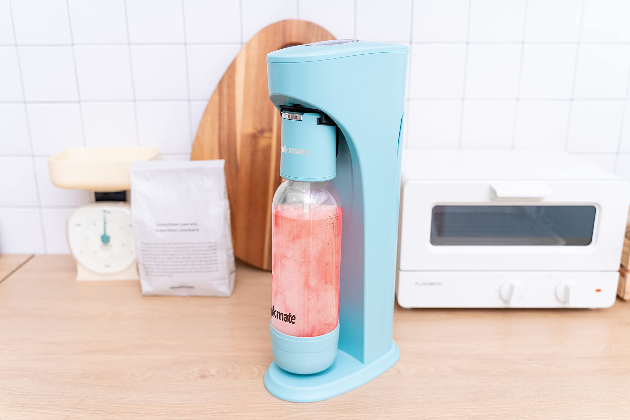 Drinkmate OmniFizz Sparkling Water and Soda Maker, Carbonates Any Drink, PARTY PACK - Includes two 60L CO2 Cylinders, three Carbonation Bottles, and two Fizz Infusers (Arctic Blue)