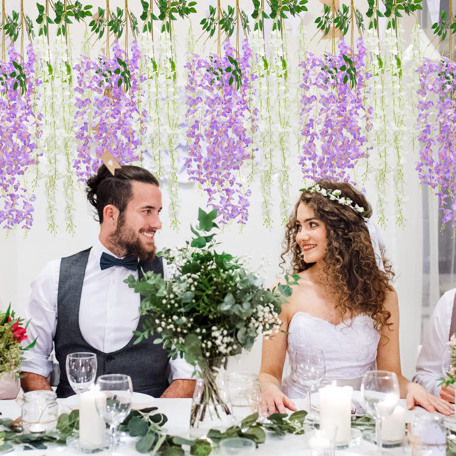 Artificial Wisteria Hanging Flowers 3.6 ft Artificial Fake Wisteria Vine Rattan Hanging Garland Silk Flowers String for Wall Home Wedding Party Greenery Decorations (Purple, White,24 Pcs)