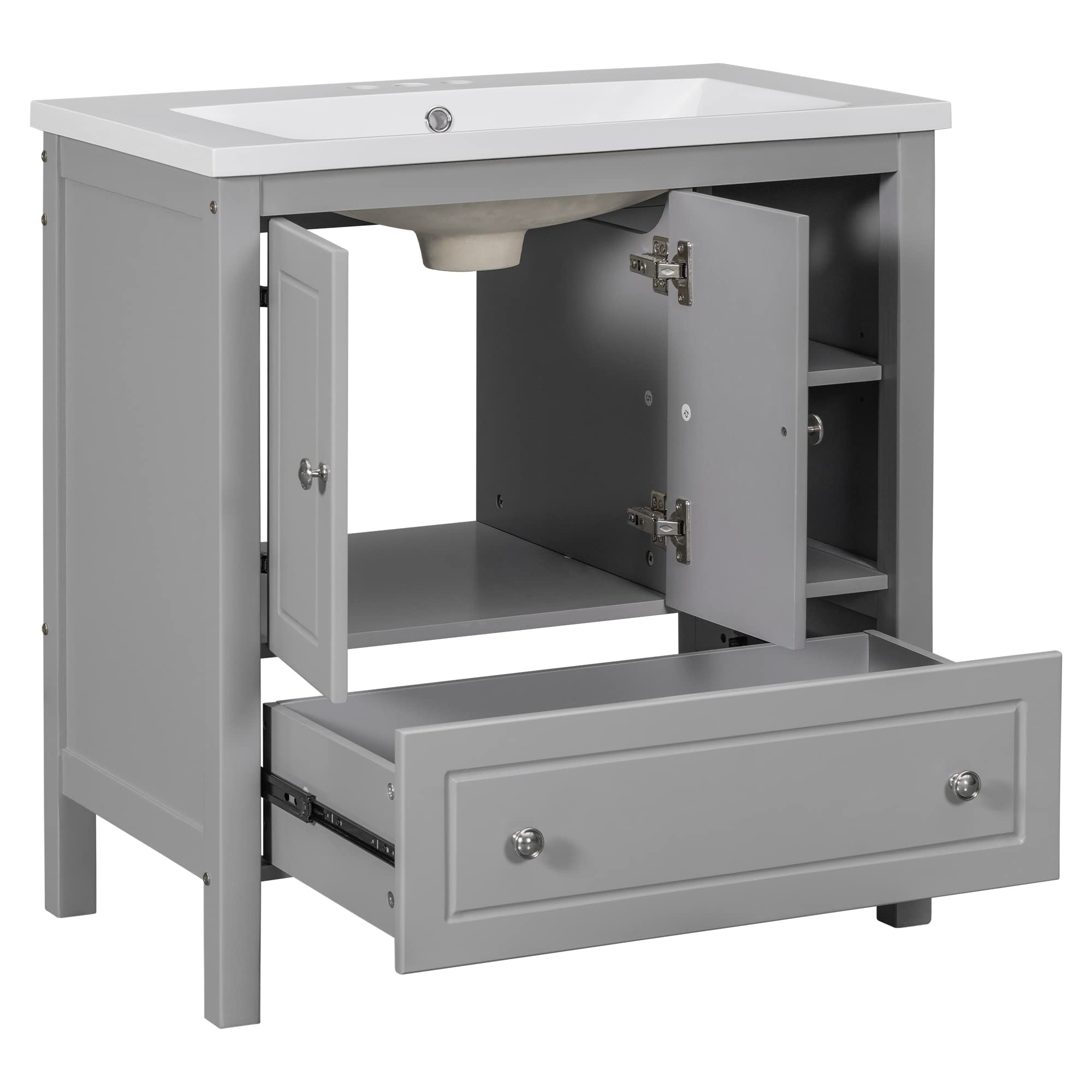 LUMISOL 30" Bathroom Vanity with Sink, Modern Bathroom Vanities with Soft-Closing Doors and Storage Drawer, Solid Wood Bathroom Cabinet with Ceramic Sink, Grey