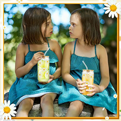 Hoolerry Daisy Flower Glass Cups with Lids and Straws 18 oz Iced Coffee Cup Drinking Glasses with Bamboo Lids Cute Flower Glass Coffee Tumbler Glasses for Home Office Kitchen (4 Pcs)