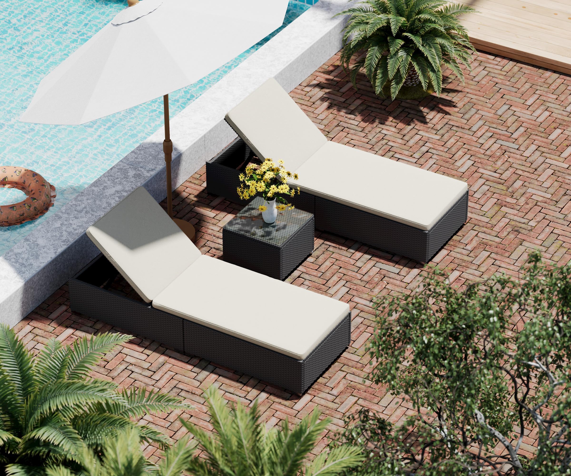 LHBcraft Outdoor PE Wicker Chaise Lounge Set, Patio Lounge Chairs, Rattan Adjustable Reclining Lounge Chairs with Cushions and Matching Storage Table (Two Chair + one Table)