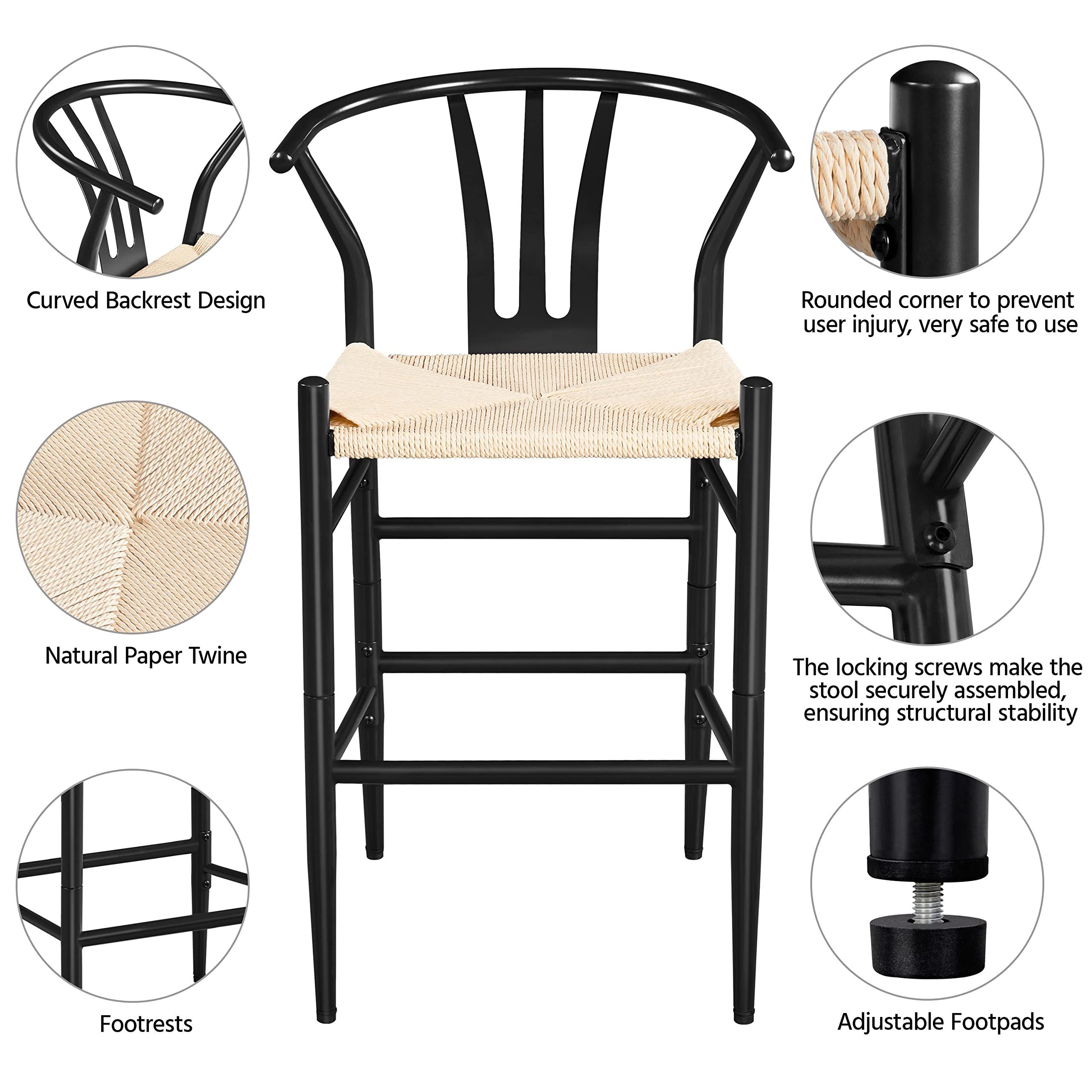 Yaheetech 26'' Weave Counter Stool Set of 2 Bar Stool Mid-Century Modern Metal Barstool Counter-Height Stool Slat Backrest Dining Chair, Black