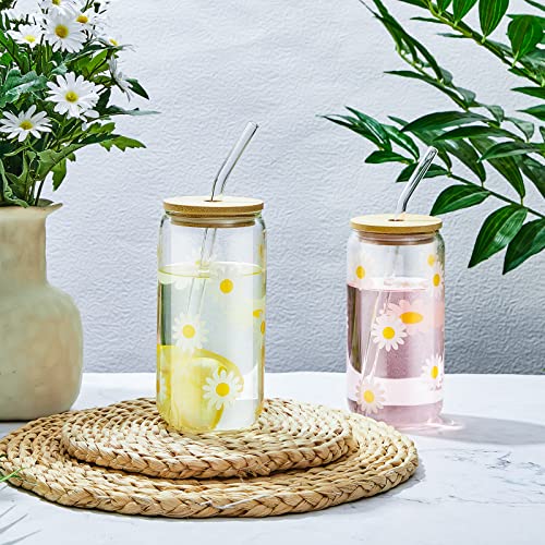 Hoolerry Daisy Flower Glass Cups with Lids and Straws 18 oz Iced Coffee Cup Drinking Glasses with Bamboo Lids Cute Flower Glass Coffee Tumbler Glasses for Home Office Kitchen (4 Pcs)