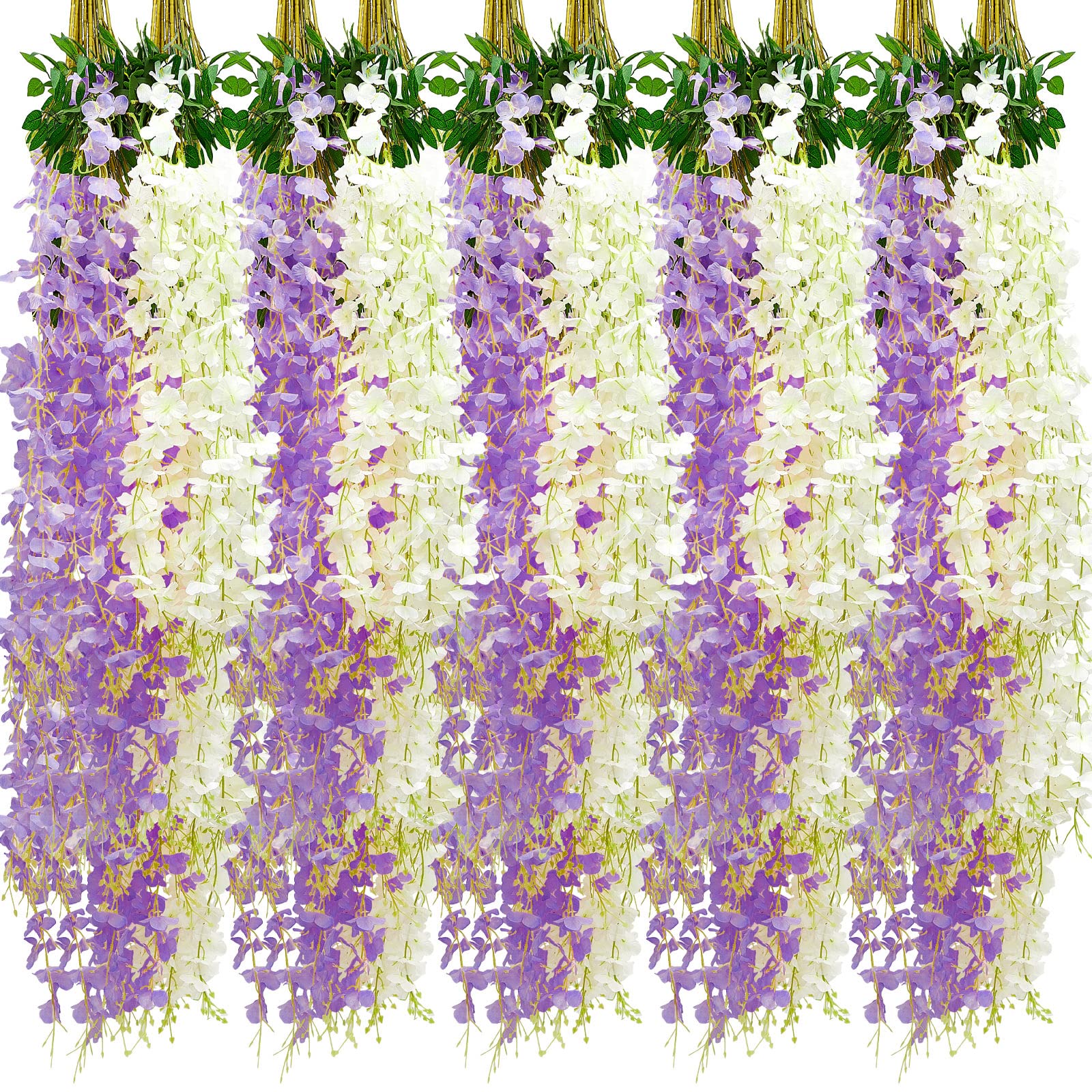 Artificial Wisteria Hanging Flowers 3.6 ft Artificial Fake Wisteria Vine Rattan Hanging Garland Silk Flowers String for Wall Home Wedding Party Greenery Decorations (Purple, White,24 Pcs)