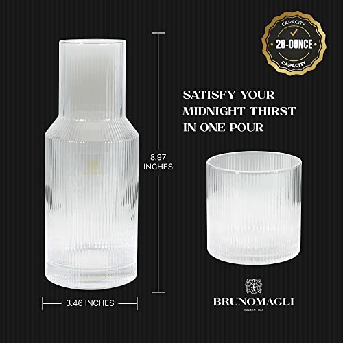 Bruno Magli Ribbed Carafe | 2-Pc Set | Drinking Glass Tumbler Doubles as a Lid | Elegant Nightstand Water Pitcher with Matching Cup for Office, Home, & Guest Room Décor | Gift Boxed (Clear)