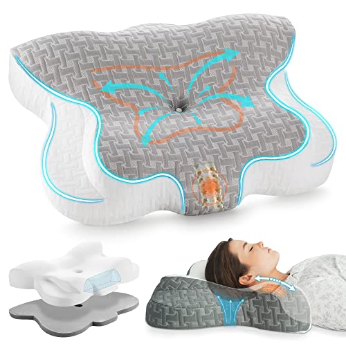 Elviros Cervical Memory Foam Neck Pillow for Pain Relief, Adjustable Orthopedic Support Pillows for Sleeping, Ergonomic Bed Pillow for Side, Back, Stomach Sleepers, Queen Size, Grey