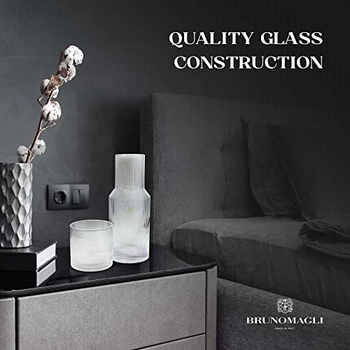 Bruno Magli Ribbed Carafe | 2-Pc Set | Drinking Glass Tumbler Doubles as a Lid | Elegant Nightstand Water Pitcher with Matching Cup for Office, Home, & Guest Room Décor | Gift Boxed (Clear)