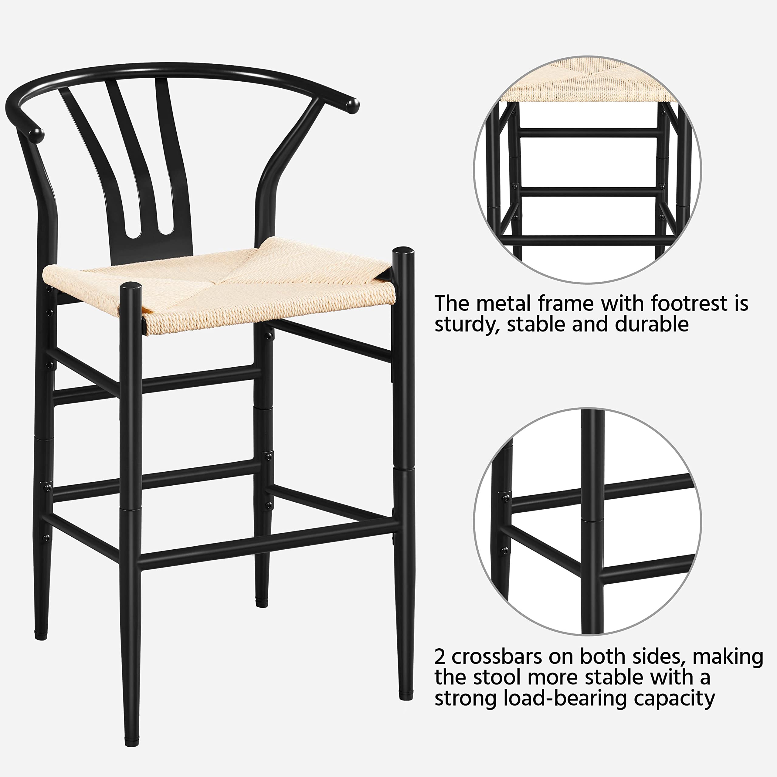 Yaheetech 26'' Weave Counter Stool Set of 2 Bar Stool Mid-Century Modern Metal Barstool Counter-Height Stool Slat Backrest Dining Chair, Black