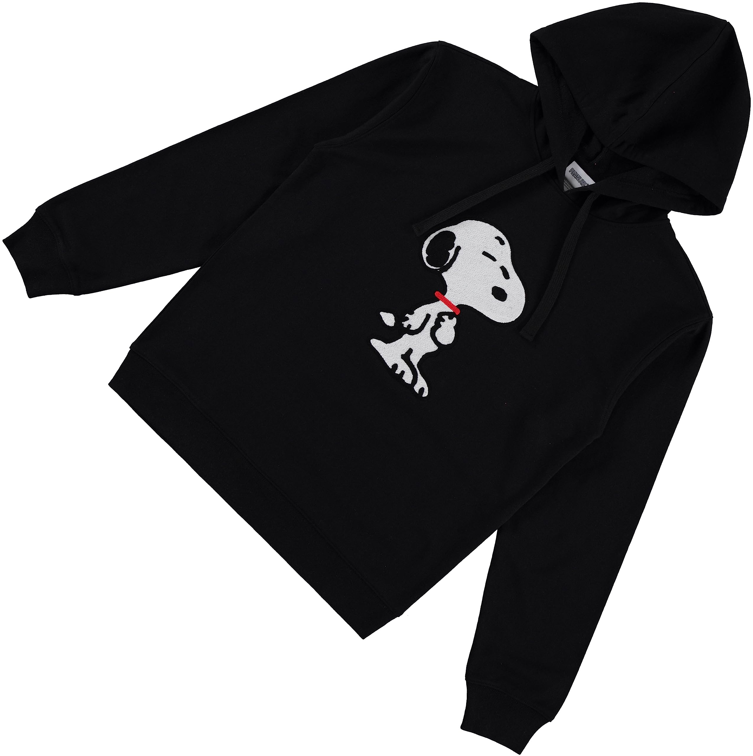 Peanuts Ladies Snoopy Fashion Hoodie - Ladies Classic Snoopy Fleece Sweatshirt Crochet Patch Sweatshirt (Black, Large)