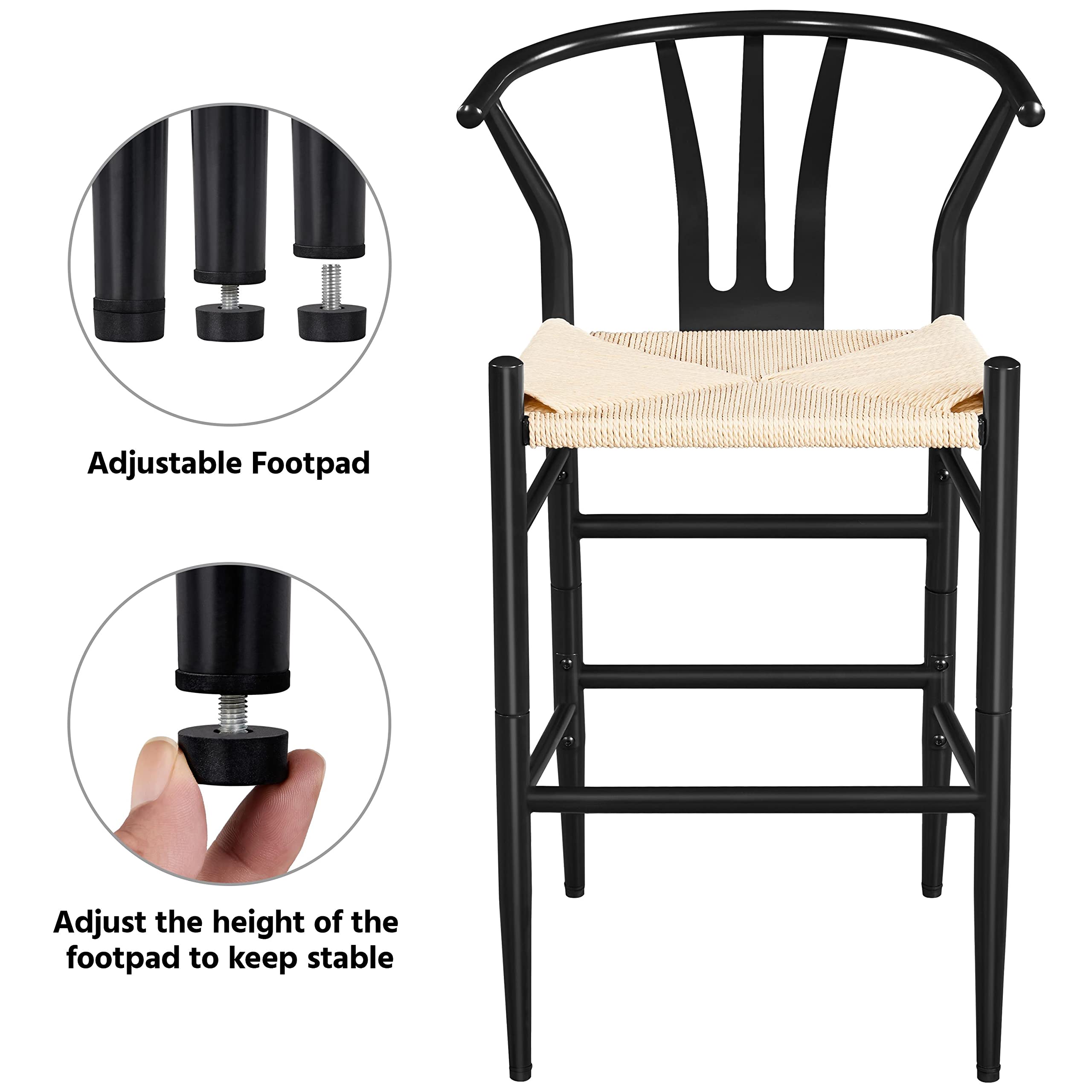 Yaheetech 26'' Weave Counter Stool Set of 2 Bar Stool Mid-Century Modern Metal Barstool Counter-Height Stool Slat Backrest Dining Chair, Black