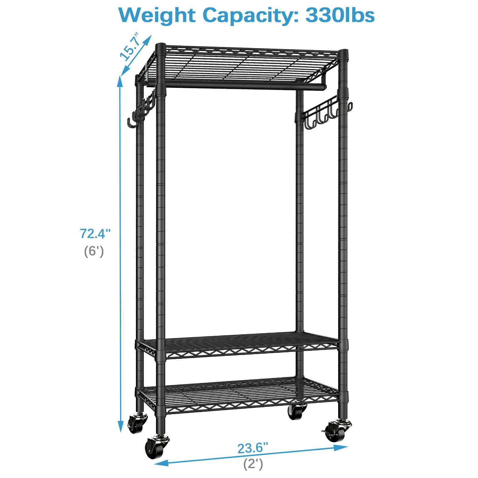 VIPEK R1 Medium Rolling Clothes Rack Portable Garment Rack for Hanging Clothes, 3 Wire Shelves Freestanding Heavy Duty Clothing Racks Storage Drying Rack with Wheels, Hanging Rod, Side Hooks, Black