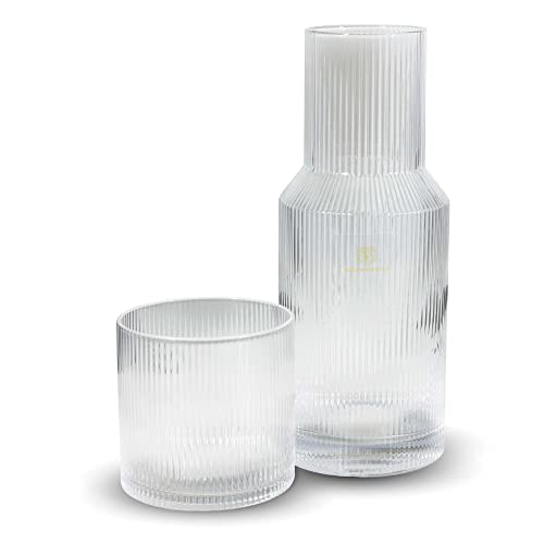 Bruno Magli Ribbed Carafe | 2-Pc Set | Drinking Glass Tumbler Doubles as a Lid | Elegant Nightstand Water Pitcher with Matching Cup for Office, Home, & Guest Room Décor | Gift Boxed (Clear)