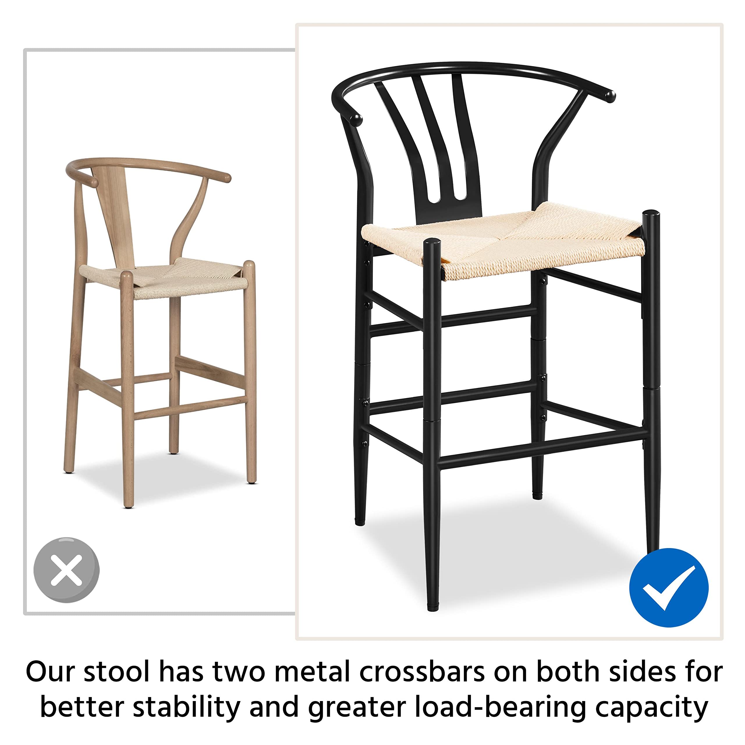 Yaheetech 26'' Weave Counter Stool Set of 2 Bar Stool Mid-Century Modern Metal Barstool Counter-Height Stool Slat Backrest Dining Chair, Black