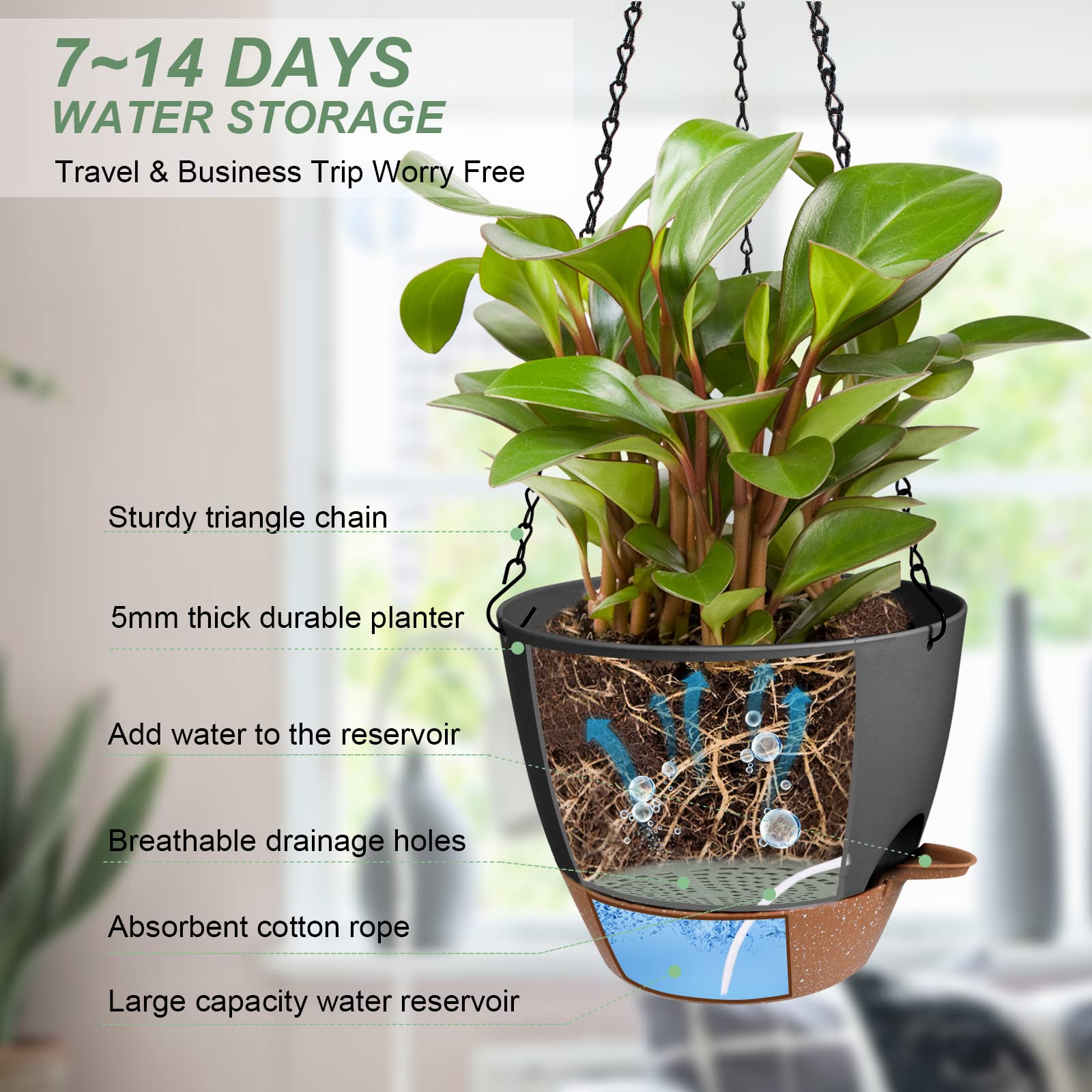 Vanslogreen Hanging Planters for Indoor Outdoor Plants, 2 Pack Self Watering Hanging Pot with Drainage Holes & Removable Tray (Black, 8'')