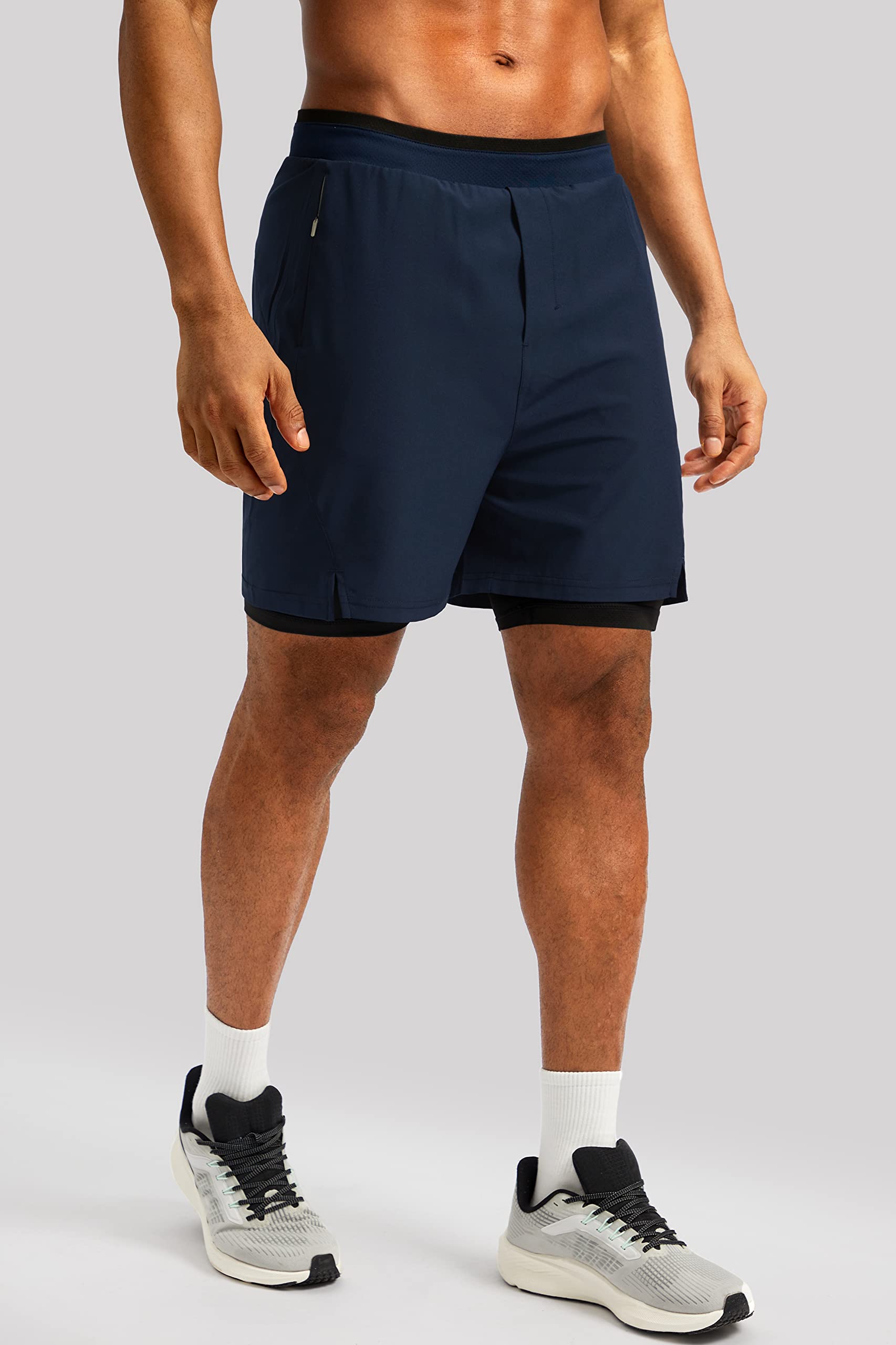 Pudolla Men's 2 in 1 Running Shorts 7" Lightweight Workout Athletic Gym Shorts for Men with Zipper Pockets(Navy Medium)