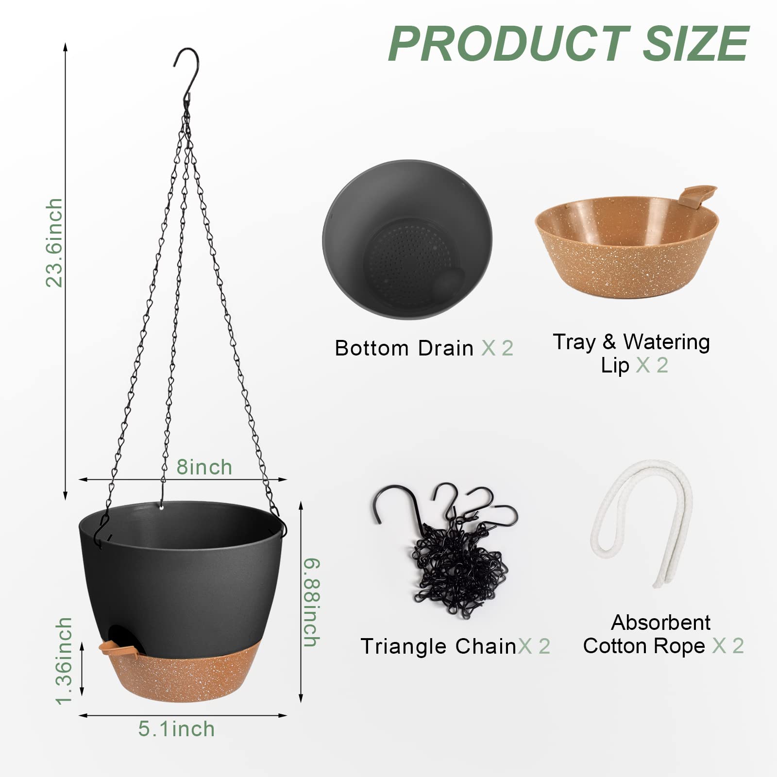 Vanslogreen Hanging Planters for Indoor Outdoor Plants, 2 Pack Self Watering Hanging Pot with Drainage Holes & Removable Tray (Black, 8'')