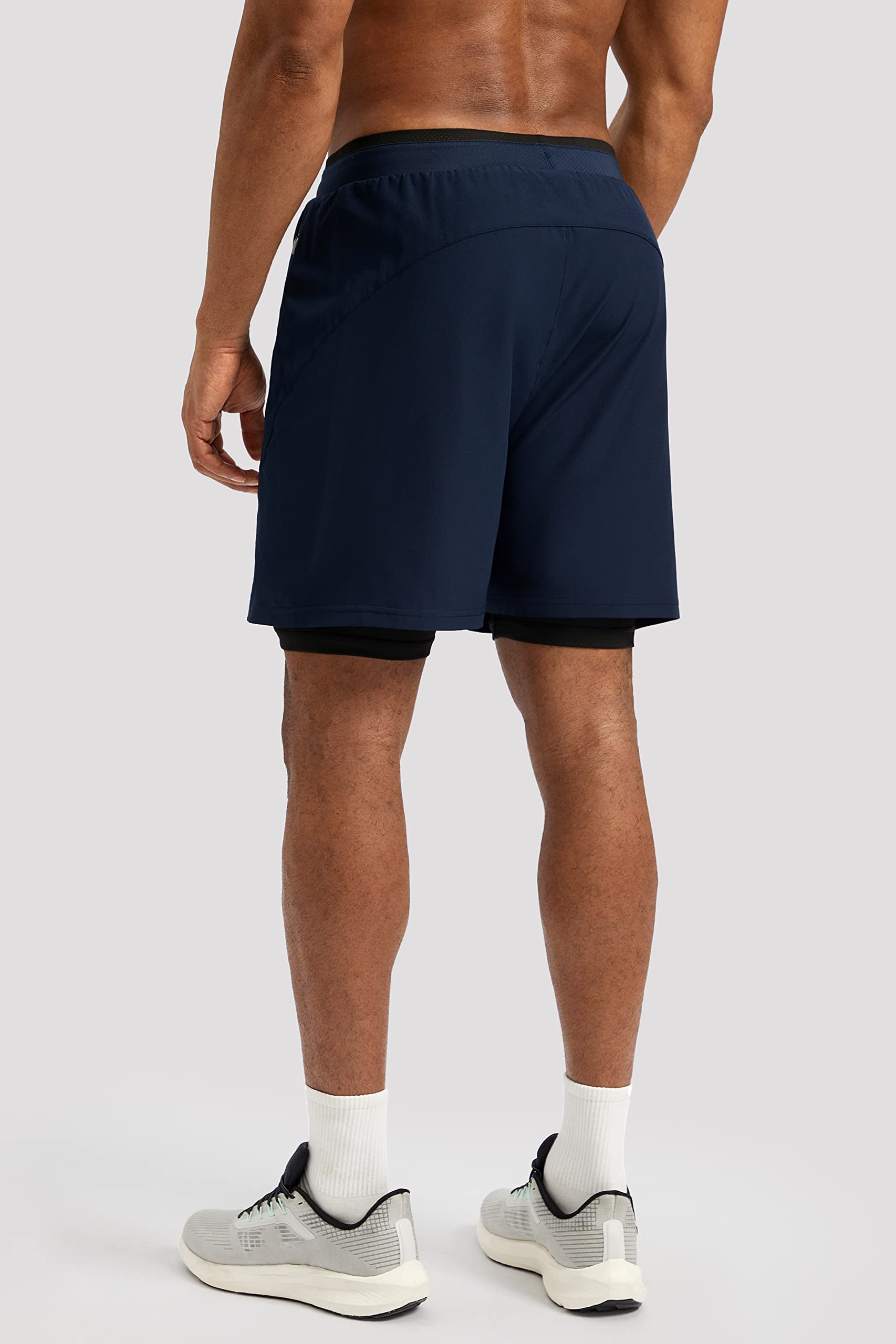 Pudolla Men's 2 in 1 Running Shorts 7" Lightweight Workout Athletic Gym Shorts for Men with Zipper Pockets(Navy Medium)