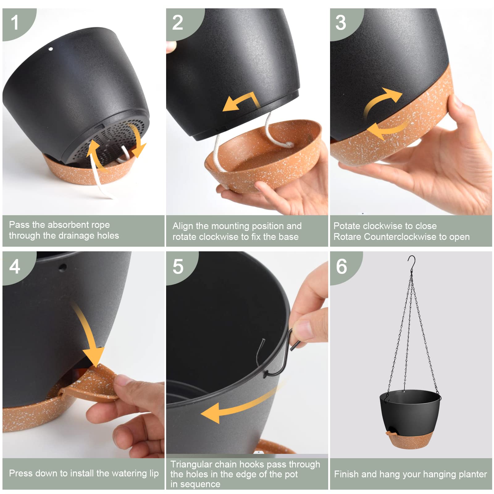 Vanslogreen Hanging Planters for Indoor Outdoor Plants, 2 Pack Self Watering Hanging Pot with Drainage Holes & Removable Tray (Black, 8'')