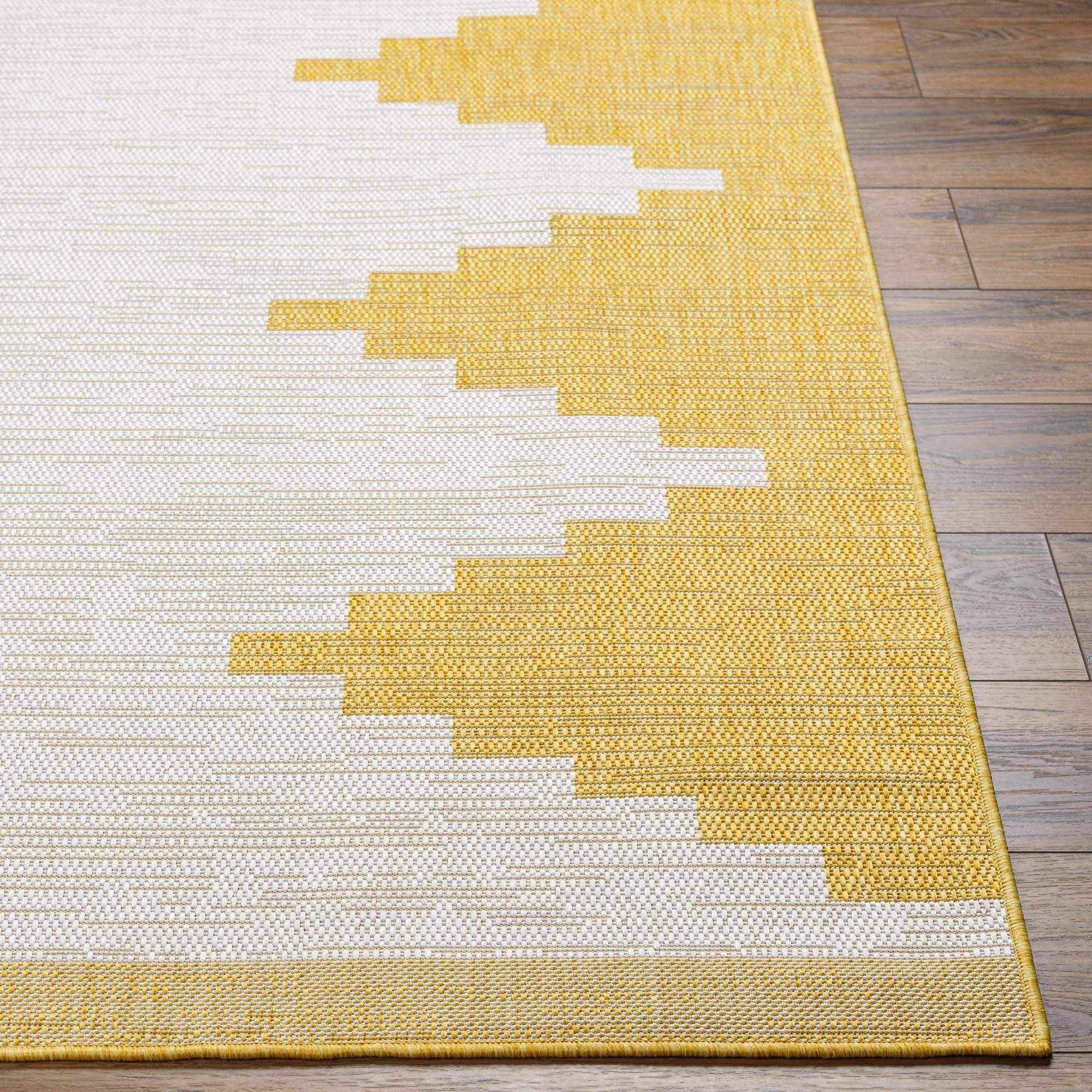 Hauteloom Djugun Outdoor Runner Rug - Outside Porch Patio Rug Carpet - Waterproof Rug - Geometric - Yellow, Off White, White, Cream, Bone - 2'7" x 12'