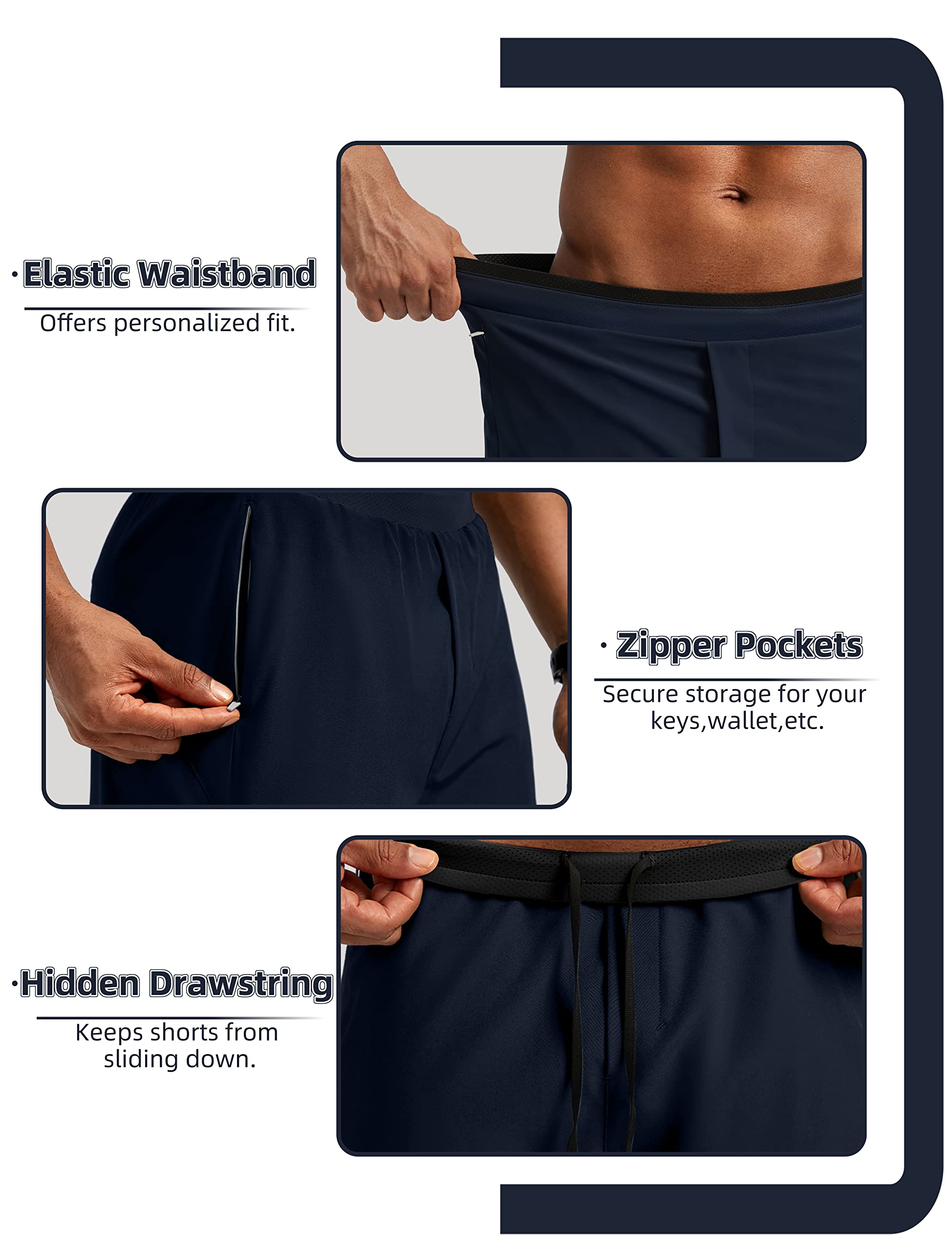 Pudolla Men's 2 in 1 Running Shorts 7" Lightweight Workout Athletic Gym Shorts for Men with Zipper Pockets(Navy Medium)