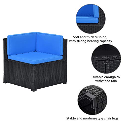 JIVOIT 5-Piece Outdoor Patio Furniture Set, Rattan PE Wicker Corner Sofa Set, Sectional Sofa Set with 1 Corner Sofa, 2 Sofa Chairs, 1 Ottoman and 1 Glass Coffee Table (Black Wicker+ Blue Cushion 003)