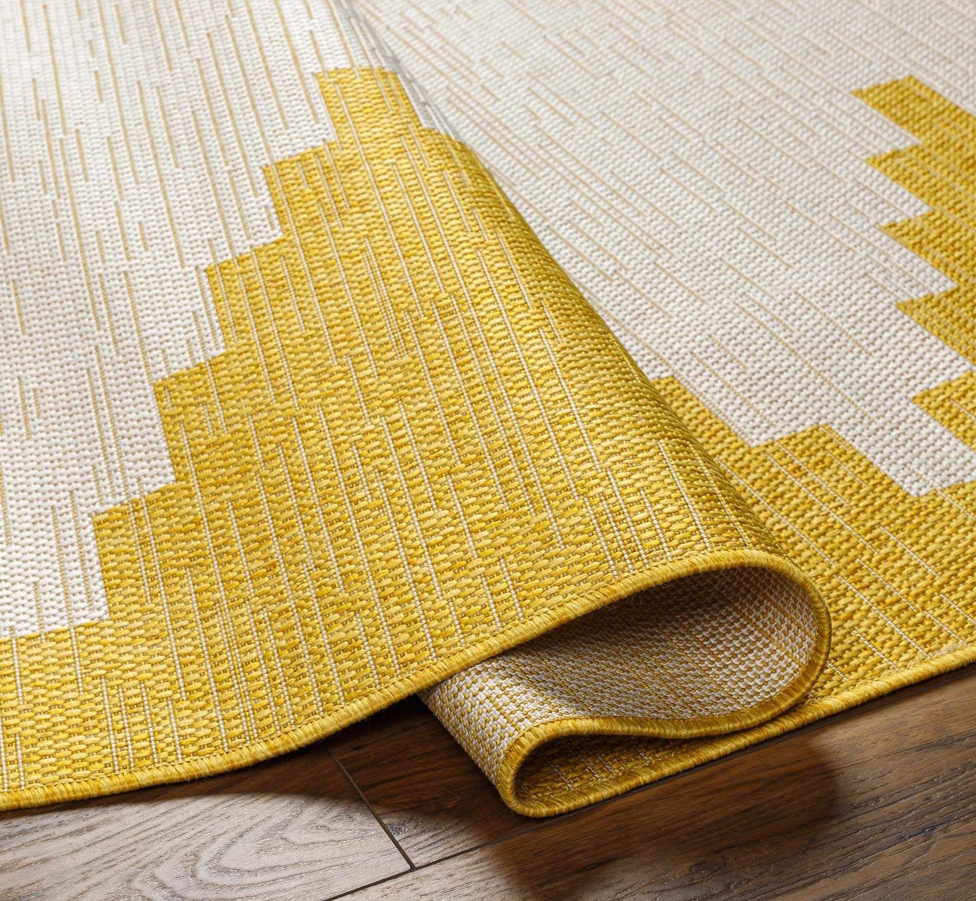 Hauteloom Djugun Outdoor Runner Rug - Outside Porch Patio Rug Carpet - Waterproof Rug - Geometric - Yellow, Off White, White, Cream, Bone - 2'7" x 12'