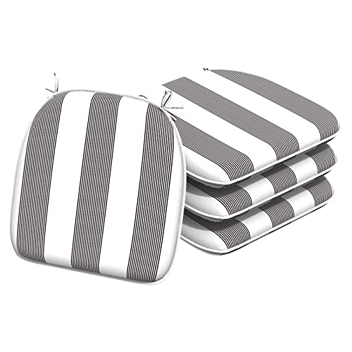 TWLEAR Indoor/Outdoor Chair Cushions 16x17 Inch, Patio Chair Cushions with Ties, All Weather Seat Cushions for Patio Furniture Home Garden Chair Use, Set of 4, Stripe Cabana Black
