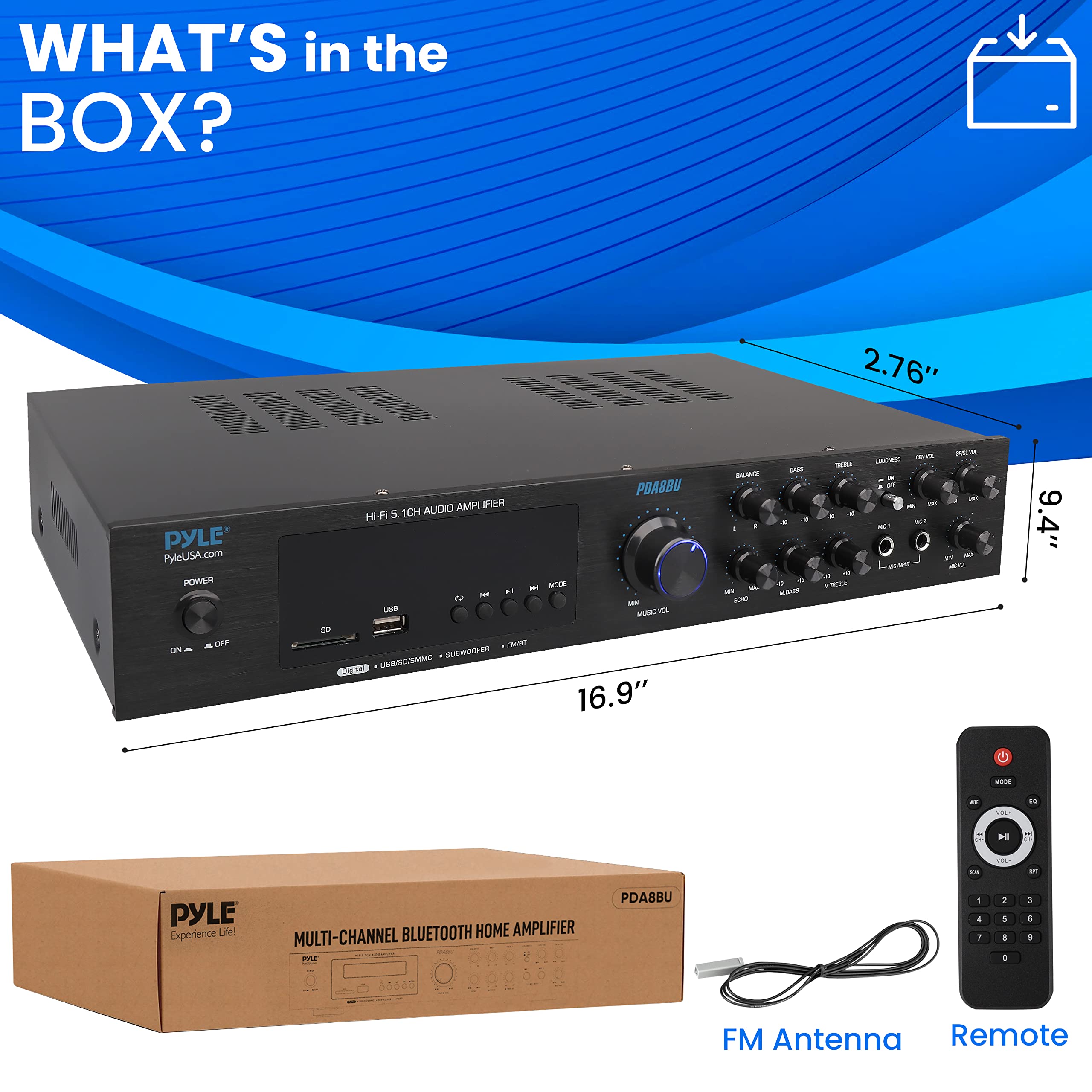 Pyle Wireless Bluetooth Audio Amplifier - 5 Channel Sound Stereo Amp for Home Speakers - Multi-Source 1/4โ Audio/Microphone Input, MP3/USB/SD, AUX, FM Radio - FM Antenna, Remote Control
