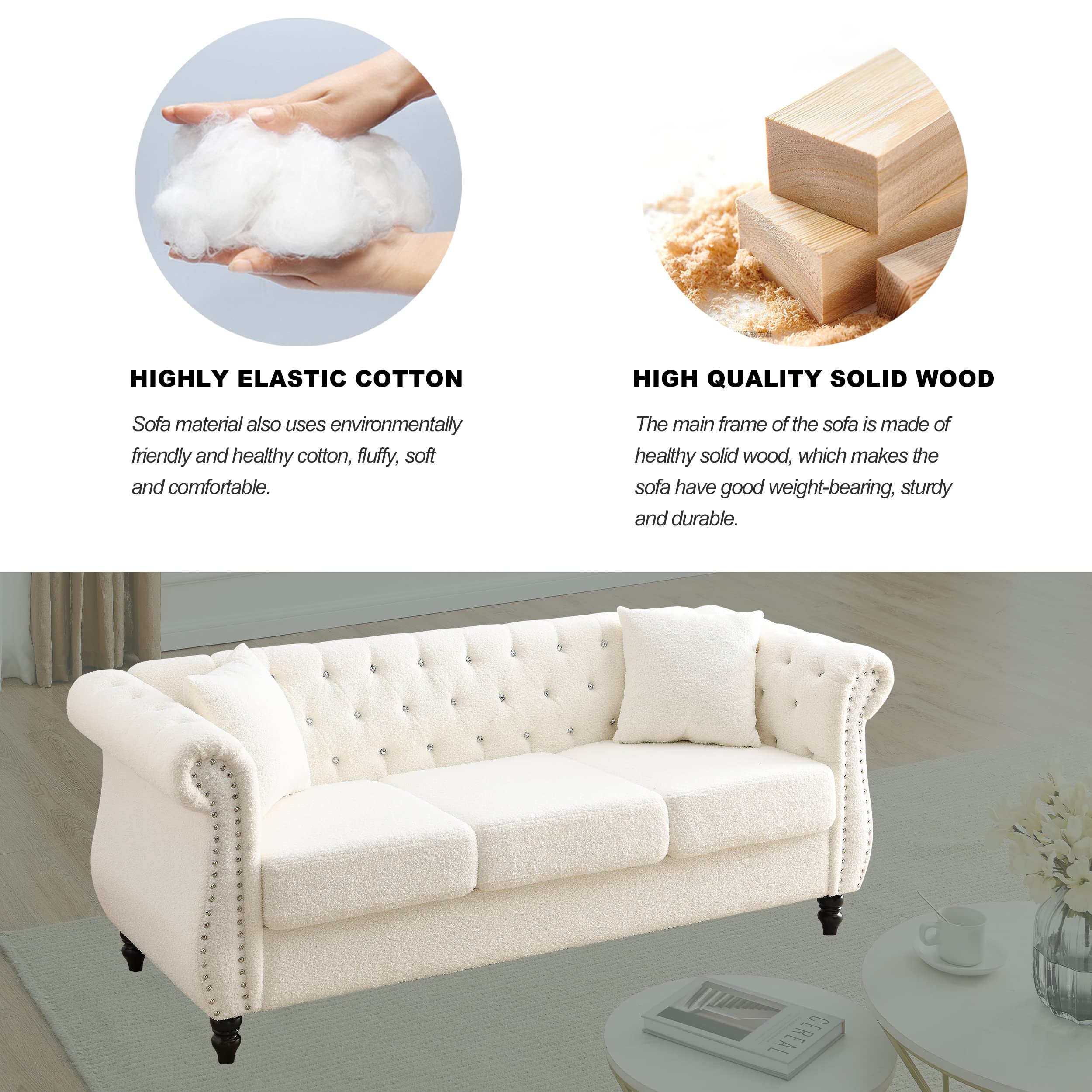 Xozor 80" Chesterfield Sofa,3 Seater Sofa Tufted Couch Upholstered Sofa Couch,with Rolled Arms and Nailheads,Two Pillows, for Living Room, Bedroom, Office, Apartment. Teddy White