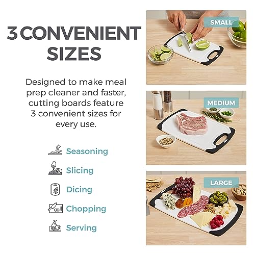 Home Genie 100% BPA-Free Reversible Cutting Board Set of 3, Dishwasher Safe, Slip Resistant Handle Border, Juice Grooves, Durable Large Plastic Chopping Boards for Kitchen, Cooking Food, Pitch Black