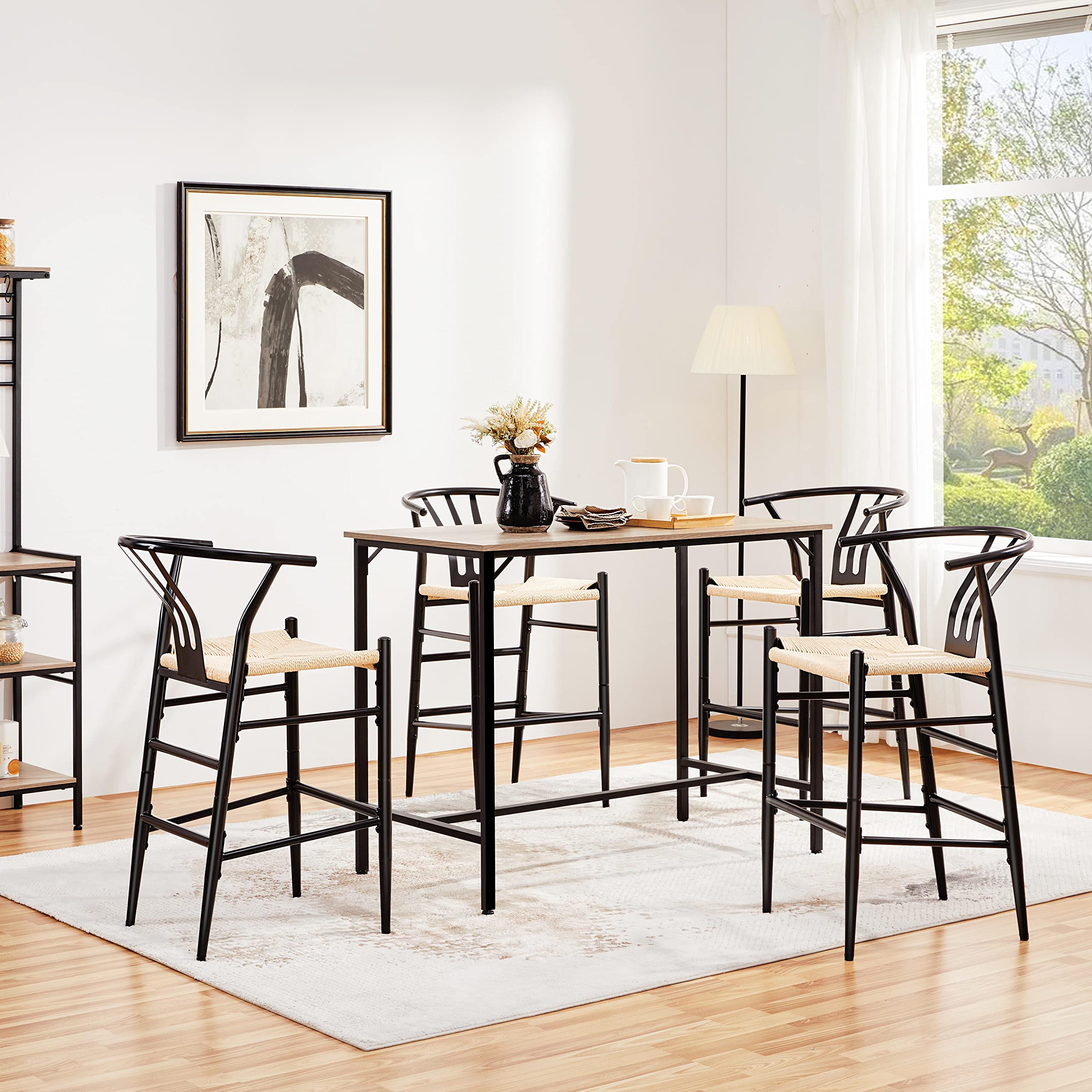 Yaheetech 26'' Weave Counter Stools Set of 4 Barstool Mid-Century Modern Metal Bar Stool Counter-Height Stool Slat Backrest Dining Chair, Black
