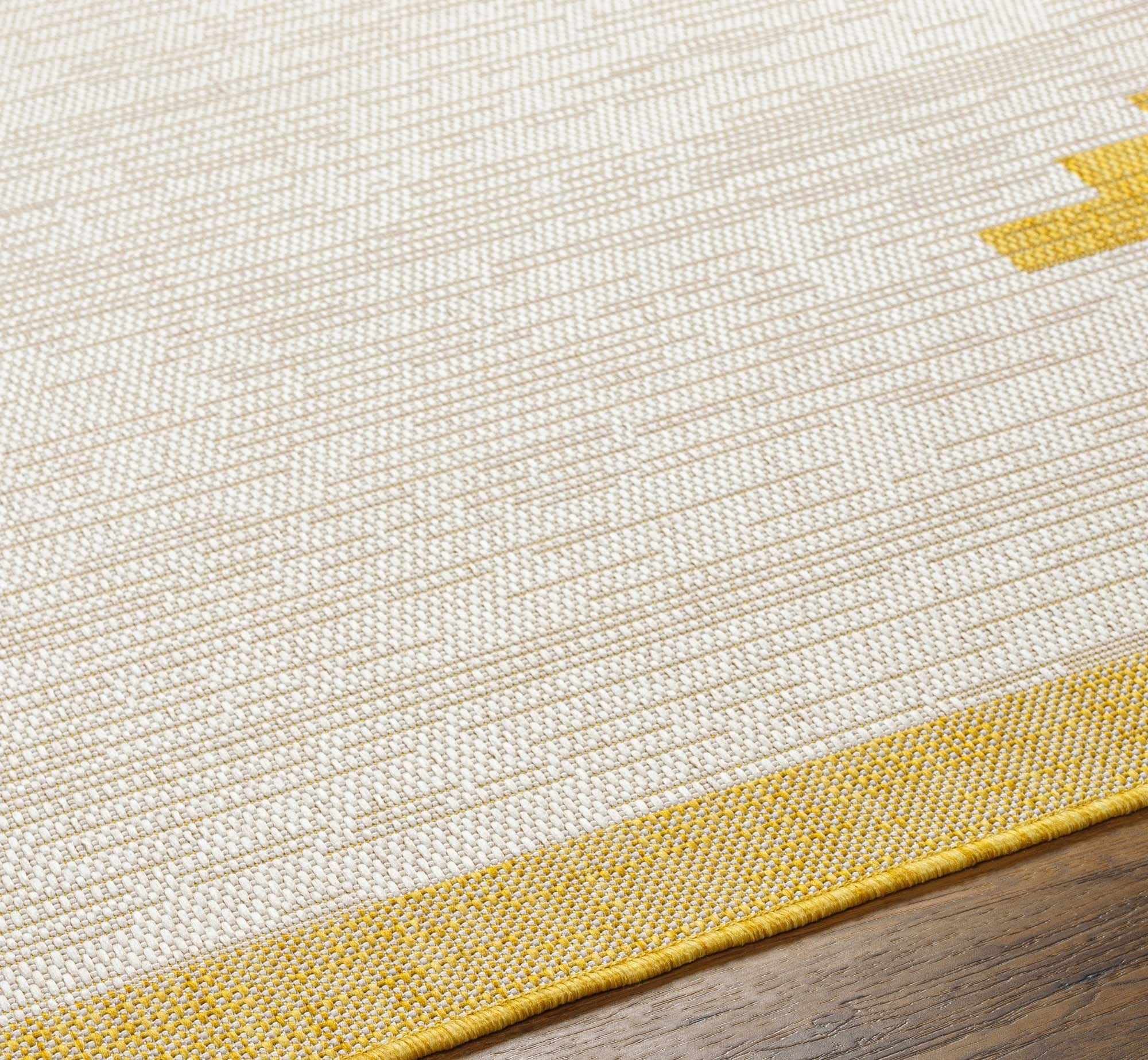 Hauteloom Djugun Outdoor Runner Rug - Outside Porch Patio Rug Carpet - Waterproof Rug - Geometric - Yellow, Off White, White, Cream, Bone - 2'7" x 12'