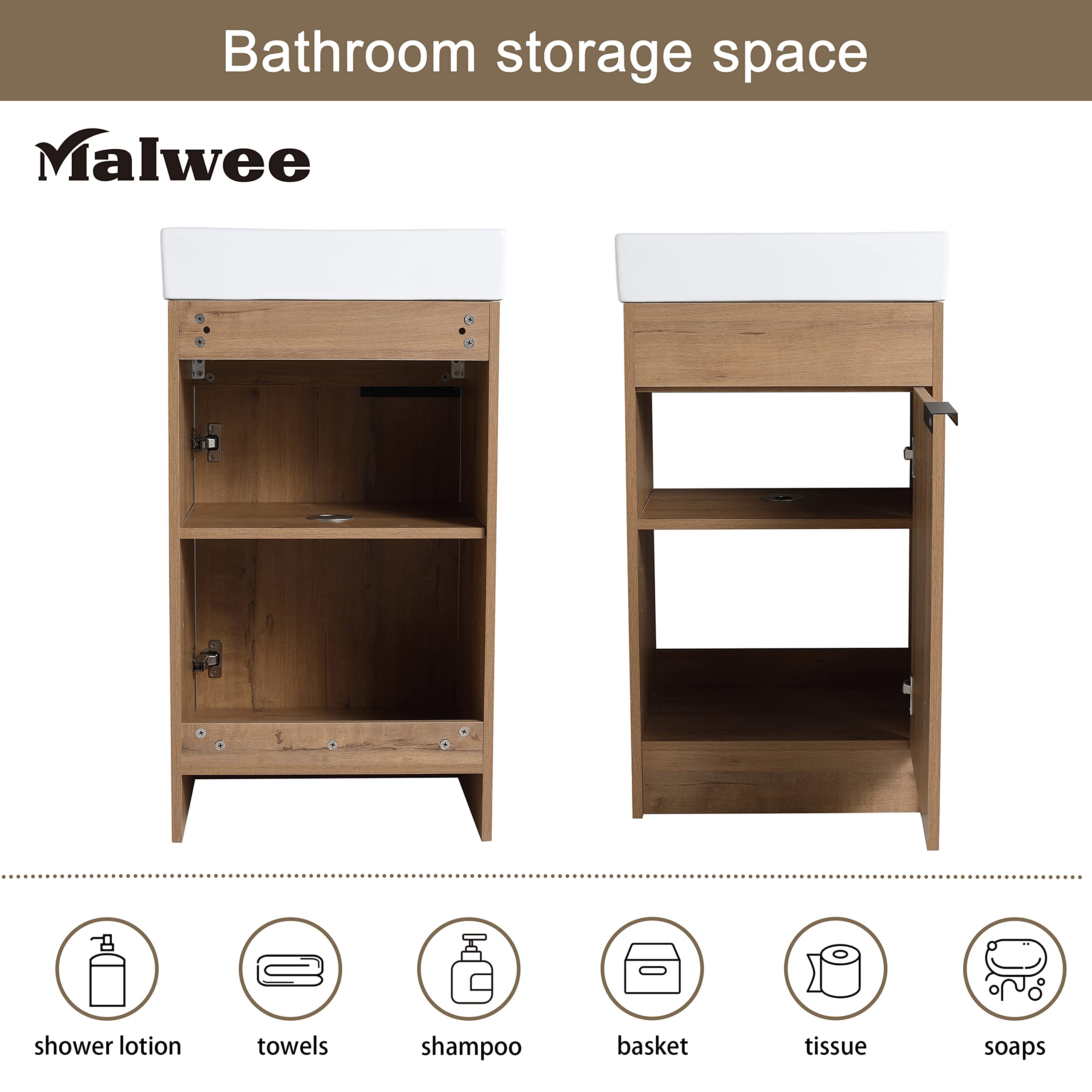 Malwee 18 Inch Freestanding Bathroom Vanity with Sink, 18" Floor Standing Bathroom Vanity, Modern Vanity with 1 Door and White Ceramic Basin Sink Top (016-18)