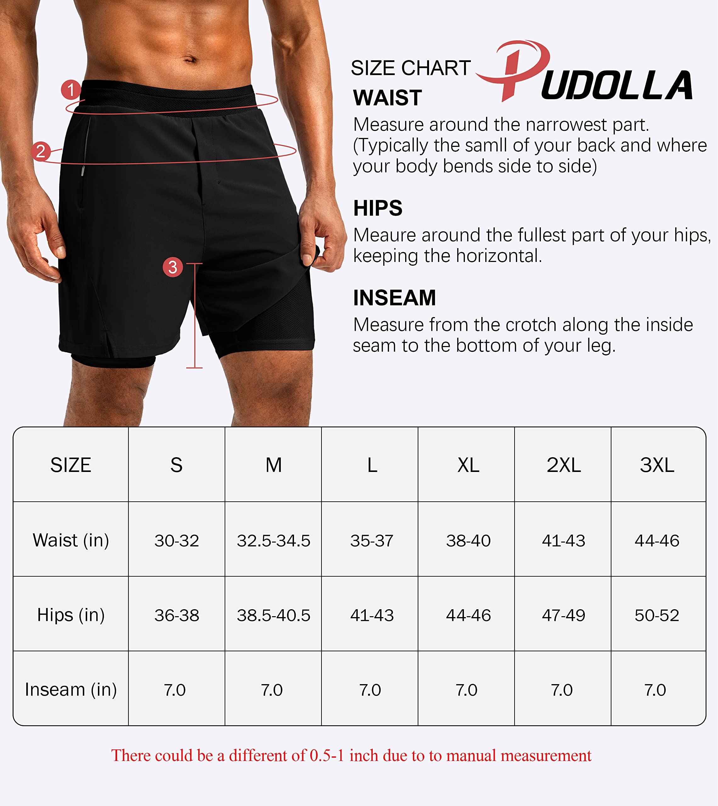 Pudolla Men's 2 in 1 Running Shorts 7" Lightweight Workout Athletic Gym Shorts for Men with Zipper Pockets(Navy Medium)