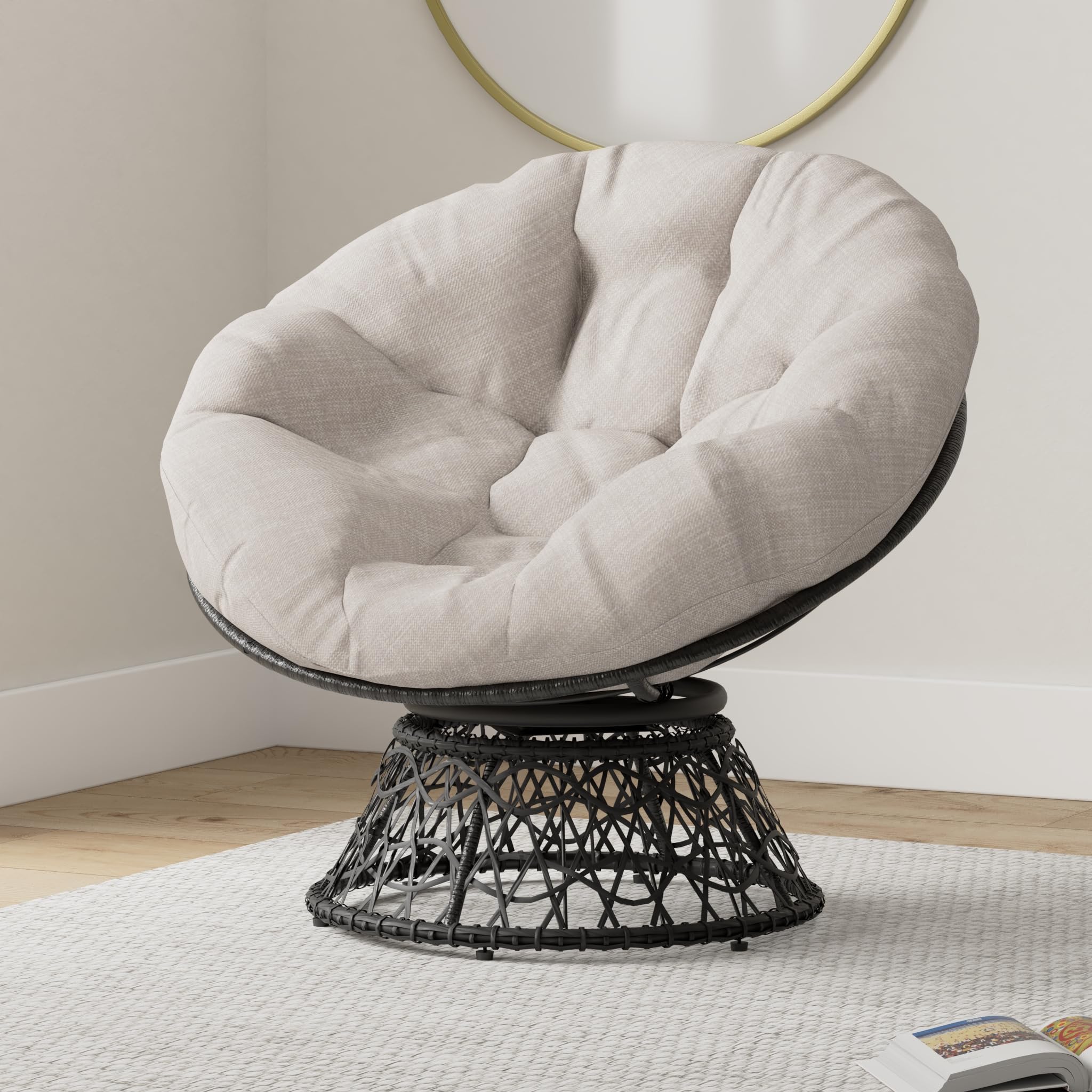 Bme 40" Ergonomic Wicker Papasan Chair with Soft Thick Density Fabric Cushion, High Capacity Steel Frame, 360 Degree Swivel for Living, Bedroom, Reading Room, Lounge, Silver Cloud - Black Base