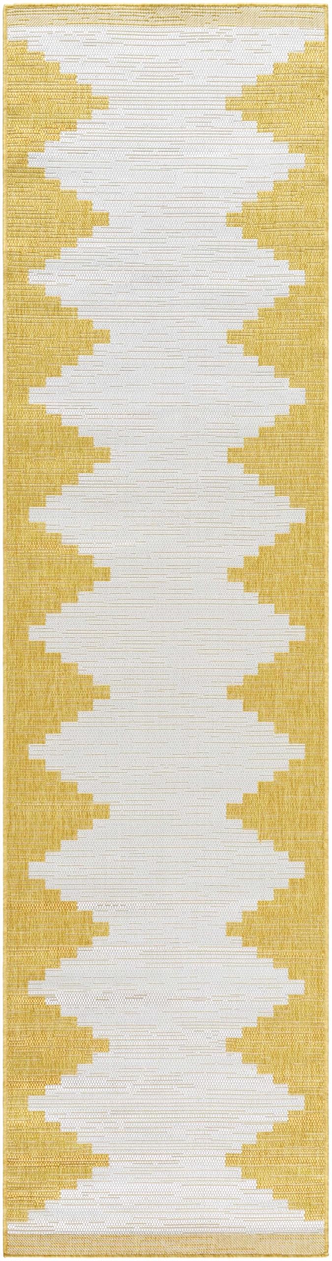 Hauteloom Djugun Outdoor Runner Rug - Outside Porch Patio Rug Carpet - Waterproof Rug - Geometric - Yellow, Off White, White, Cream, Bone - 2'7" x 12'