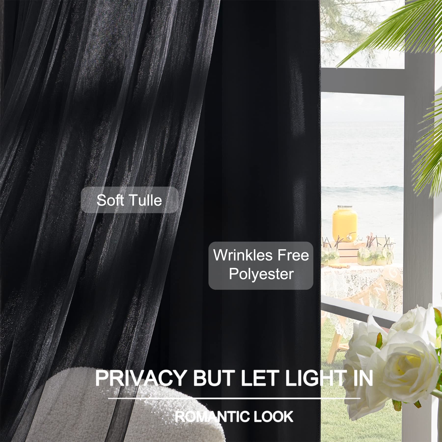 20ft×10ft Black Tulle Backdrop Curtains for Parties 4 Panels 5ft×10ft Dual Layer Black Tulle Drapes for Backdrop Curtains for Baby Party Birthday Wedding Home Decor