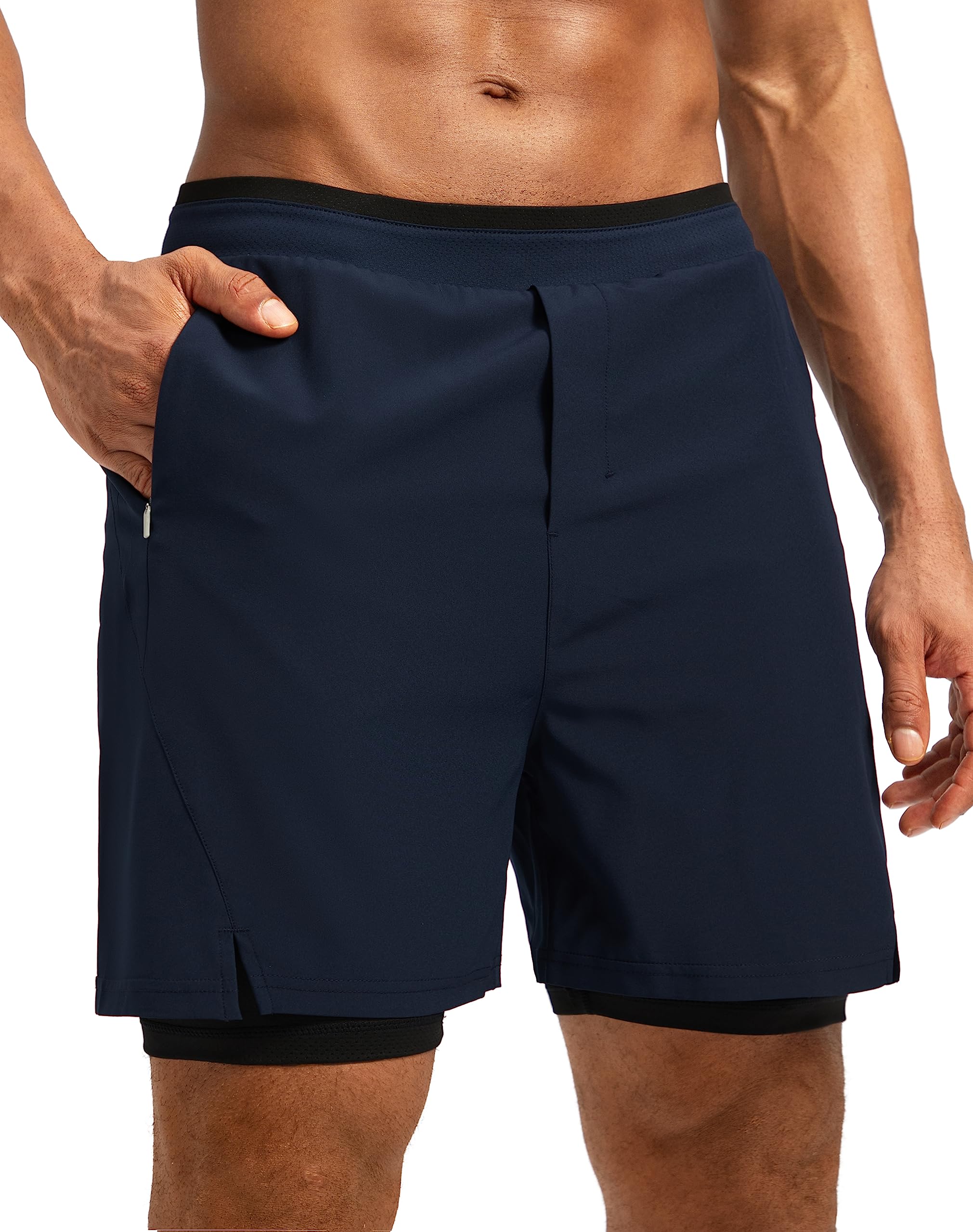 Pudolla Men's 2 in 1 Running Shorts 7" Lightweight Workout Athletic Gym Shorts for Men with Zipper Pockets(Navy Medium)
