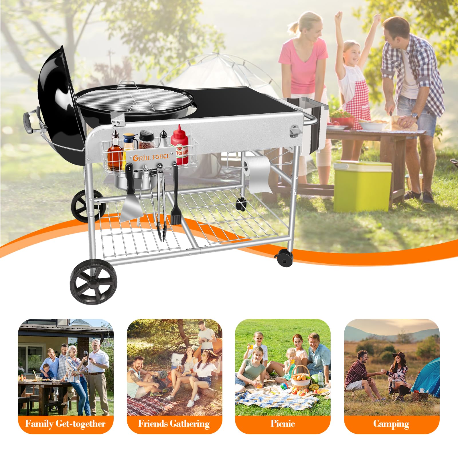 GRILL FORCE Grill Table for Weber 18" & 22" Original Kettle,Kettle Grill Cart,Outdoor Prep Table for Weber Original Kettle,Jumbo Joe,Master-Touch Charcoal Grill,Performer Charcoal Grill Accessories